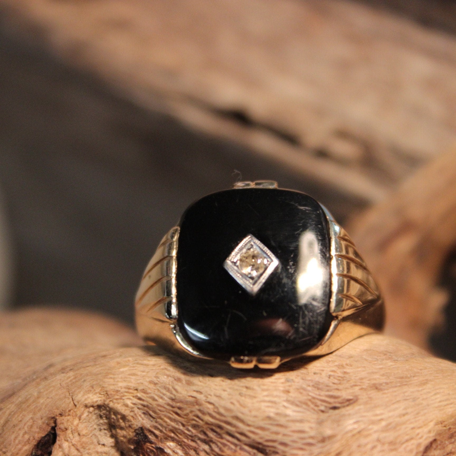 1980's Vintage Mens Onyx Diamond Ring Onyx Gold Ring 14K Solid Gold ...
