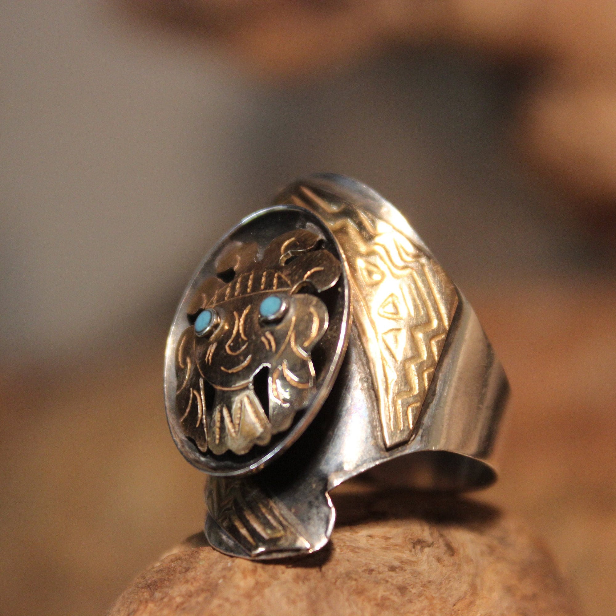 1960 Vintage Peruvian Inca Sterling Silver 18K Gold & Sterling Ring ...