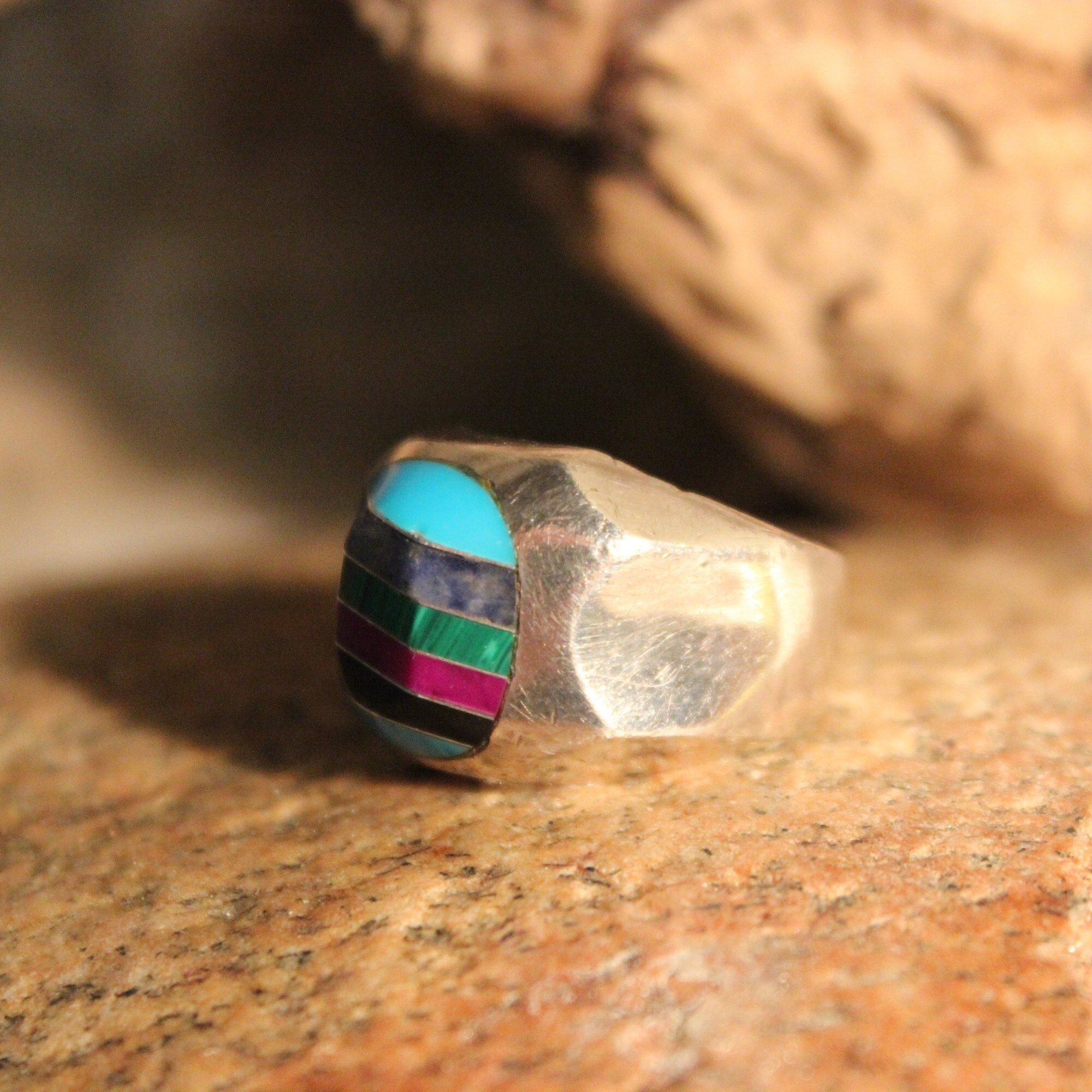 Sterling Mexico Large Multi Inlay Stone Mens Ring Heavy 17.6 Grams Size ...