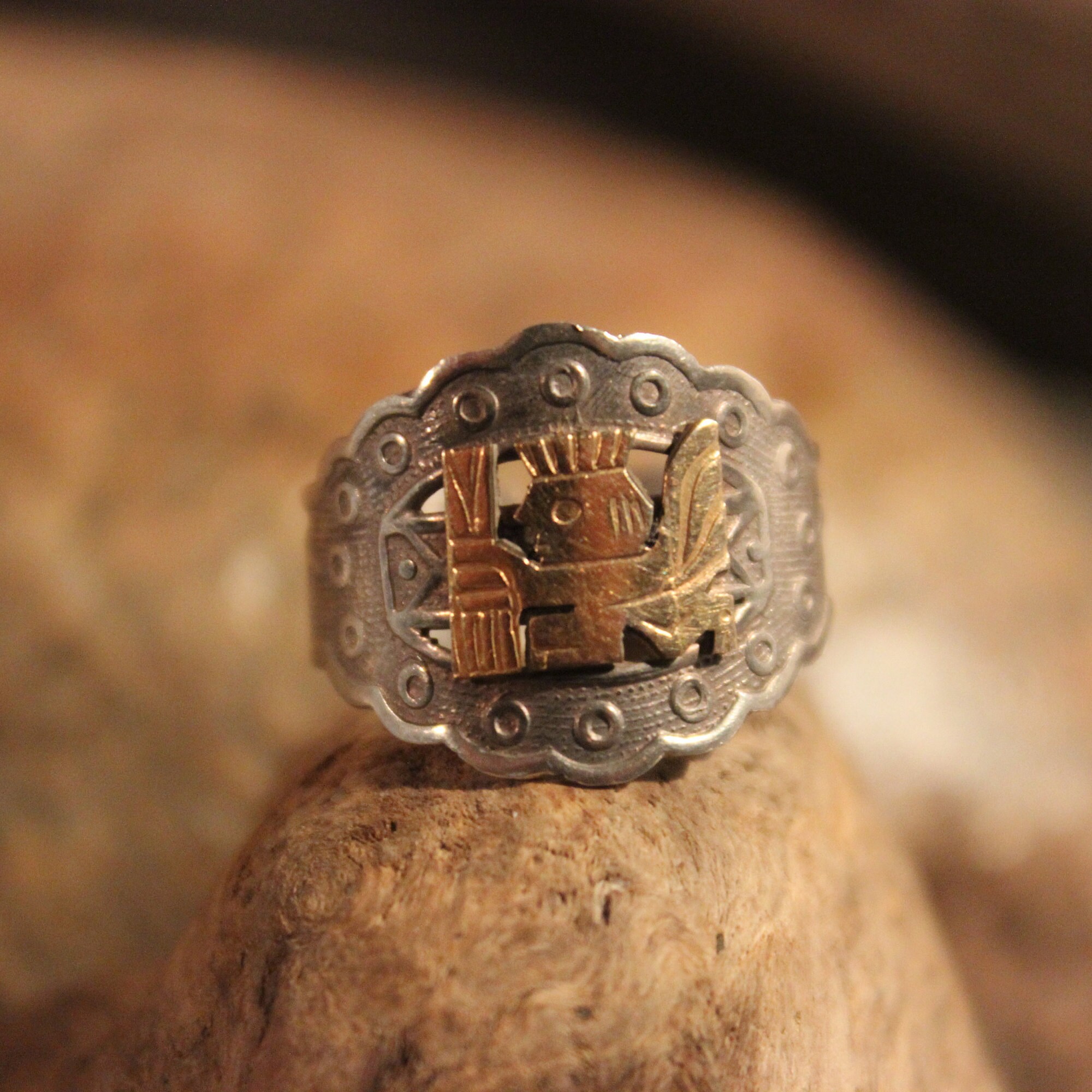 1960 Vintage Peruvian Inca Sterling Silver 18K Gold & Sterling Ring ...