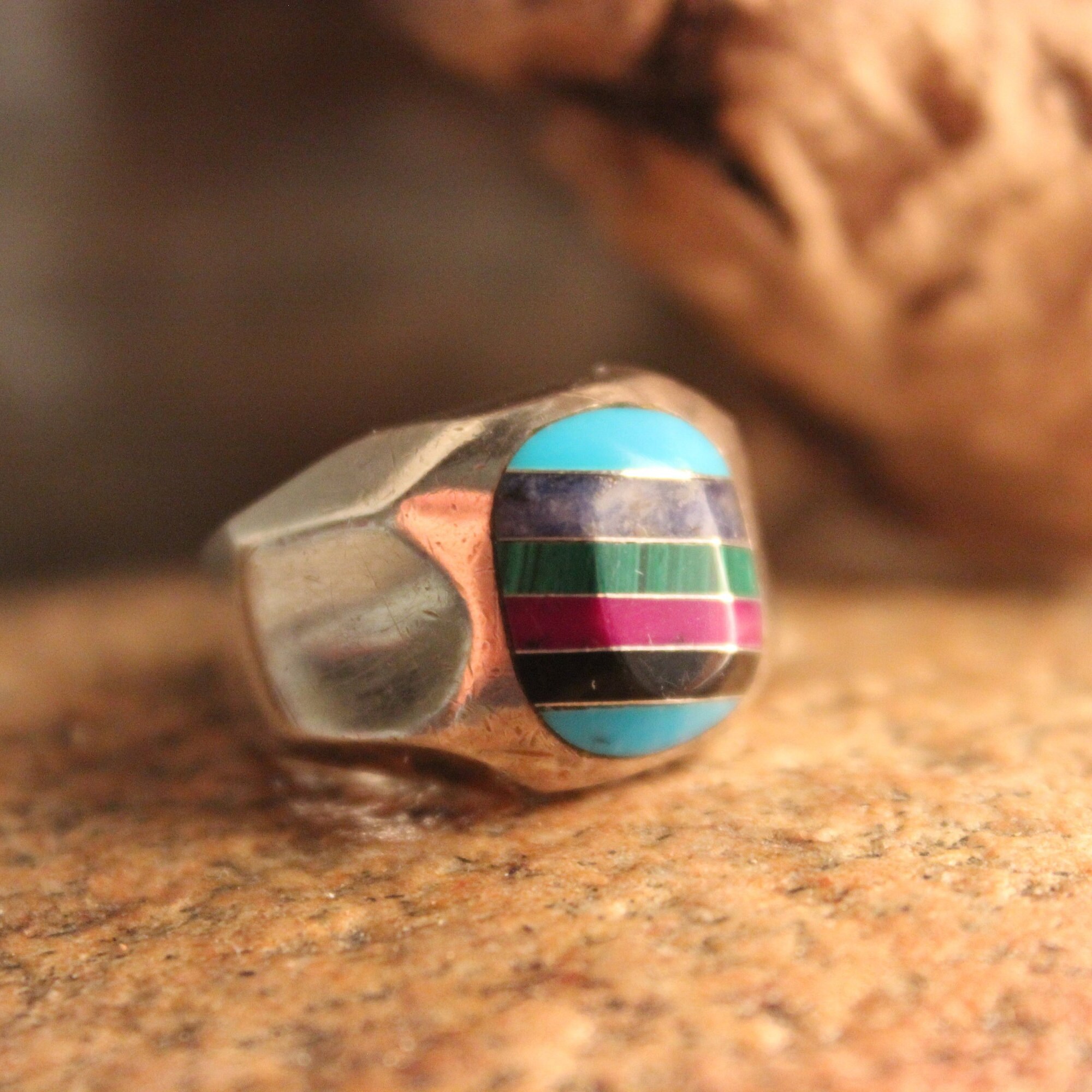 Sterling Mexico Large Multi Inlay Stone Mens Ring Heavy 17.6 Grams Size ...