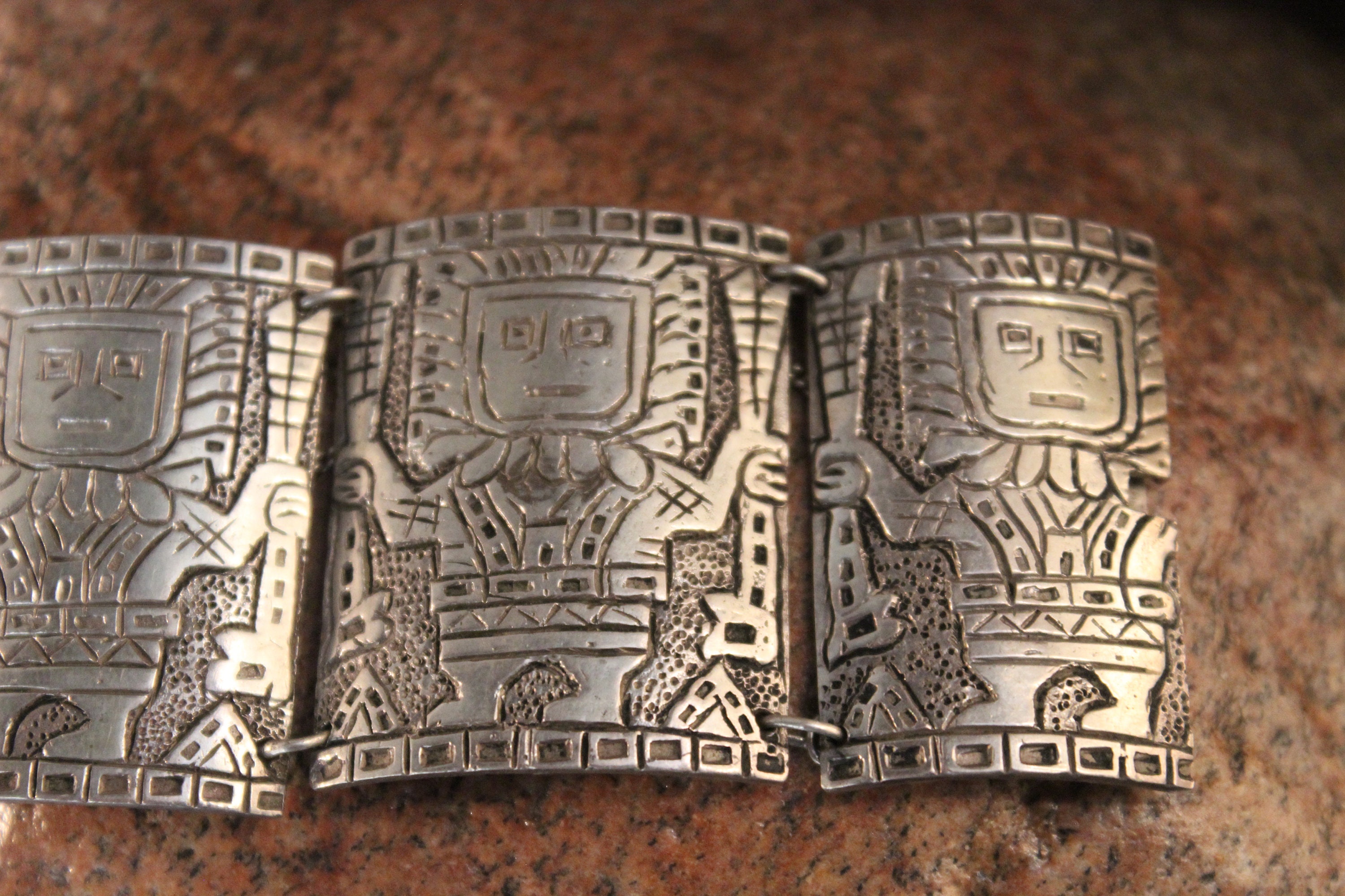 Vintage Heavy Peruvian Inca Sterling Silver Panel Bracelet Heavy 87.4 ...