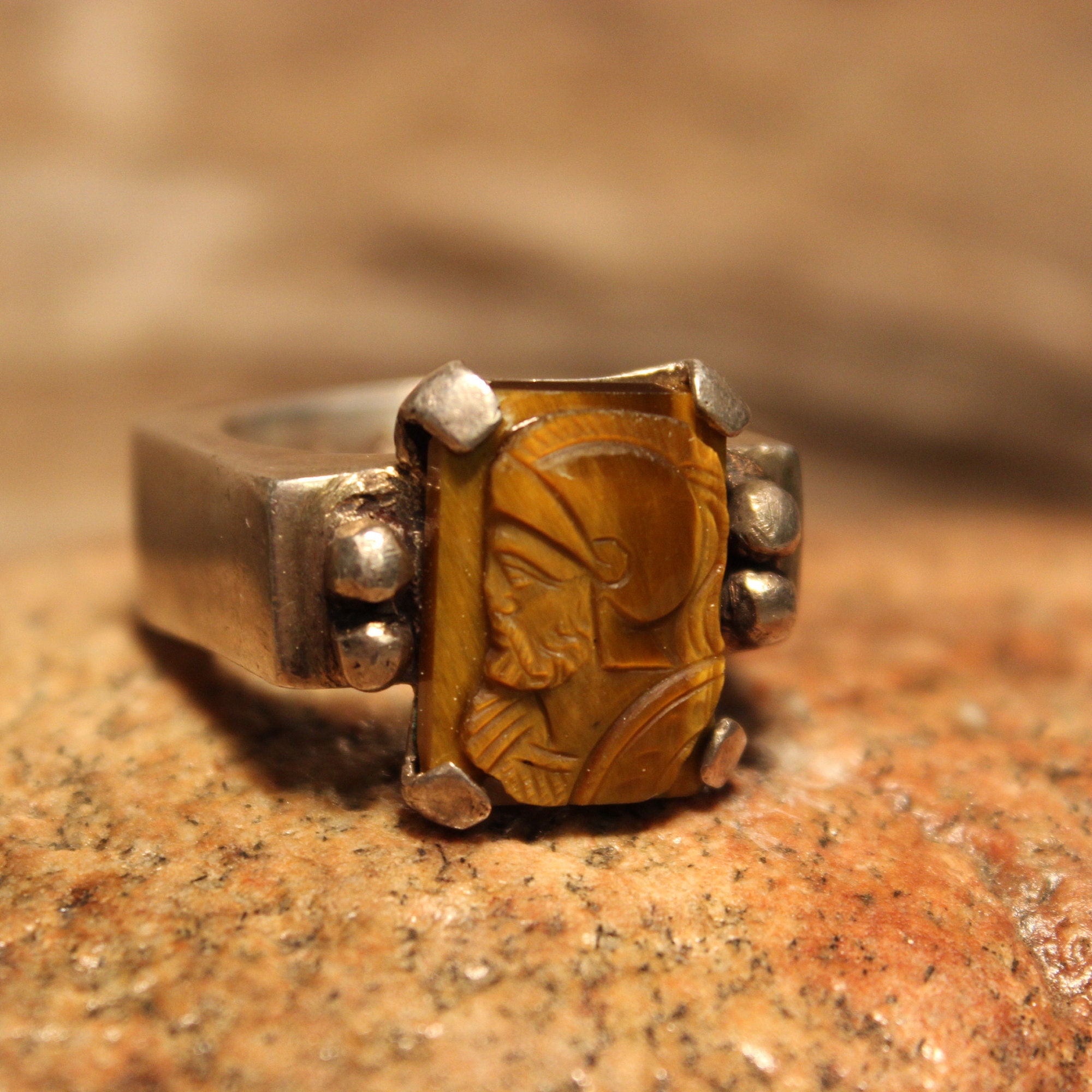 Large Mens Ring Vintage Intaglio Sterling Warrior Ring Roman Soldier ...