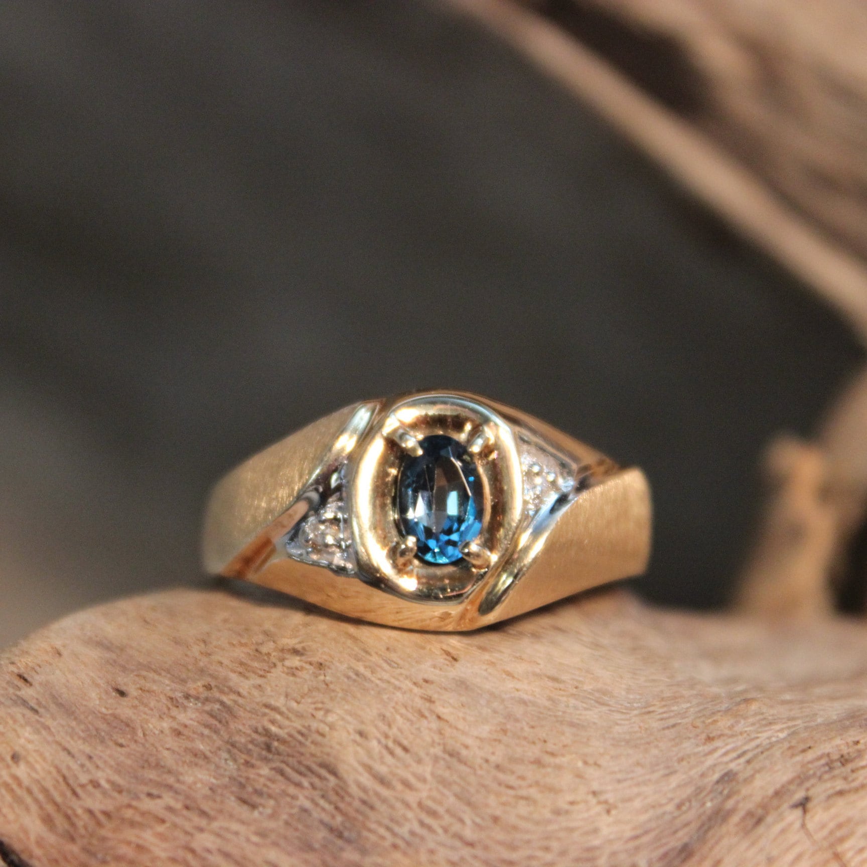 1980's Mens Caribbean Blue Quartz Diamond Ring Mens Gold Diamond Ring 4 ...