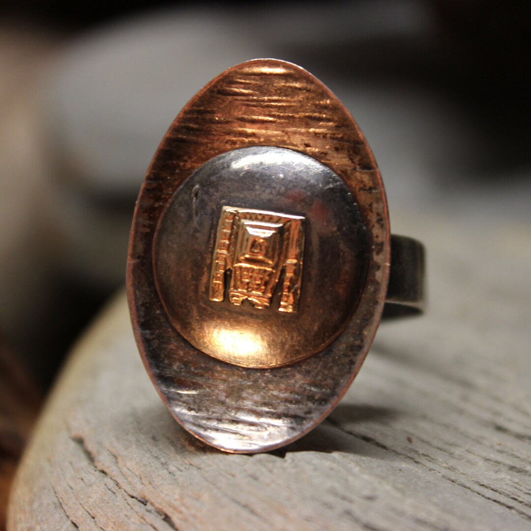 1950s Vintage Peruvian Inca Solid Sterling Silver & 18K Gold Ring ...