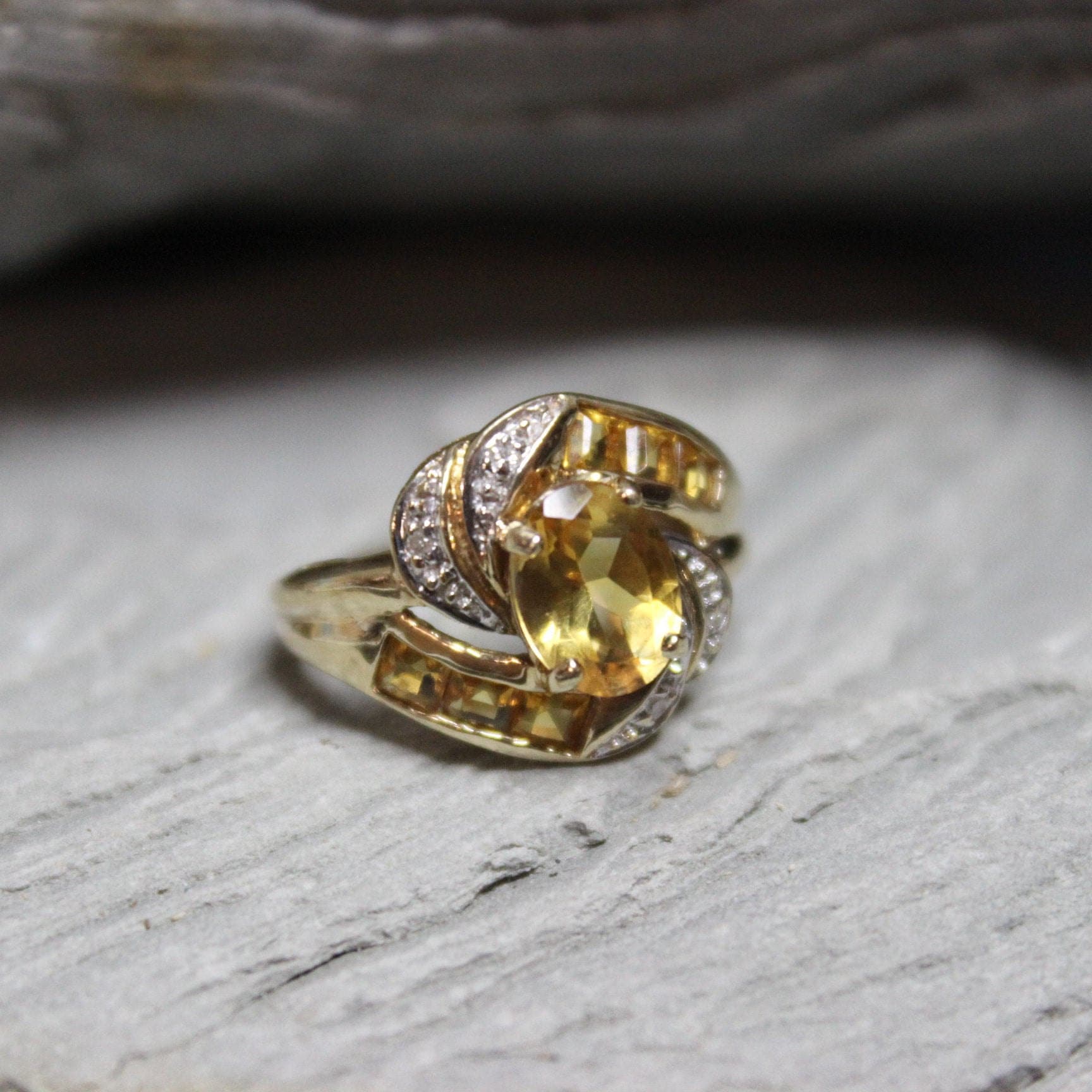 1990's Vintage 10k Solid Gold Citrine Diamond Ring 2.4 Grams Size 4 ...