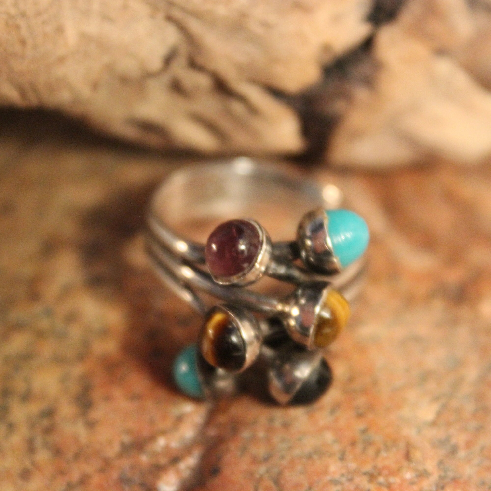 Sterling Mexico Large Multi Inlay Stone Silver Ring 4.3 Grams Size 8.5 ...