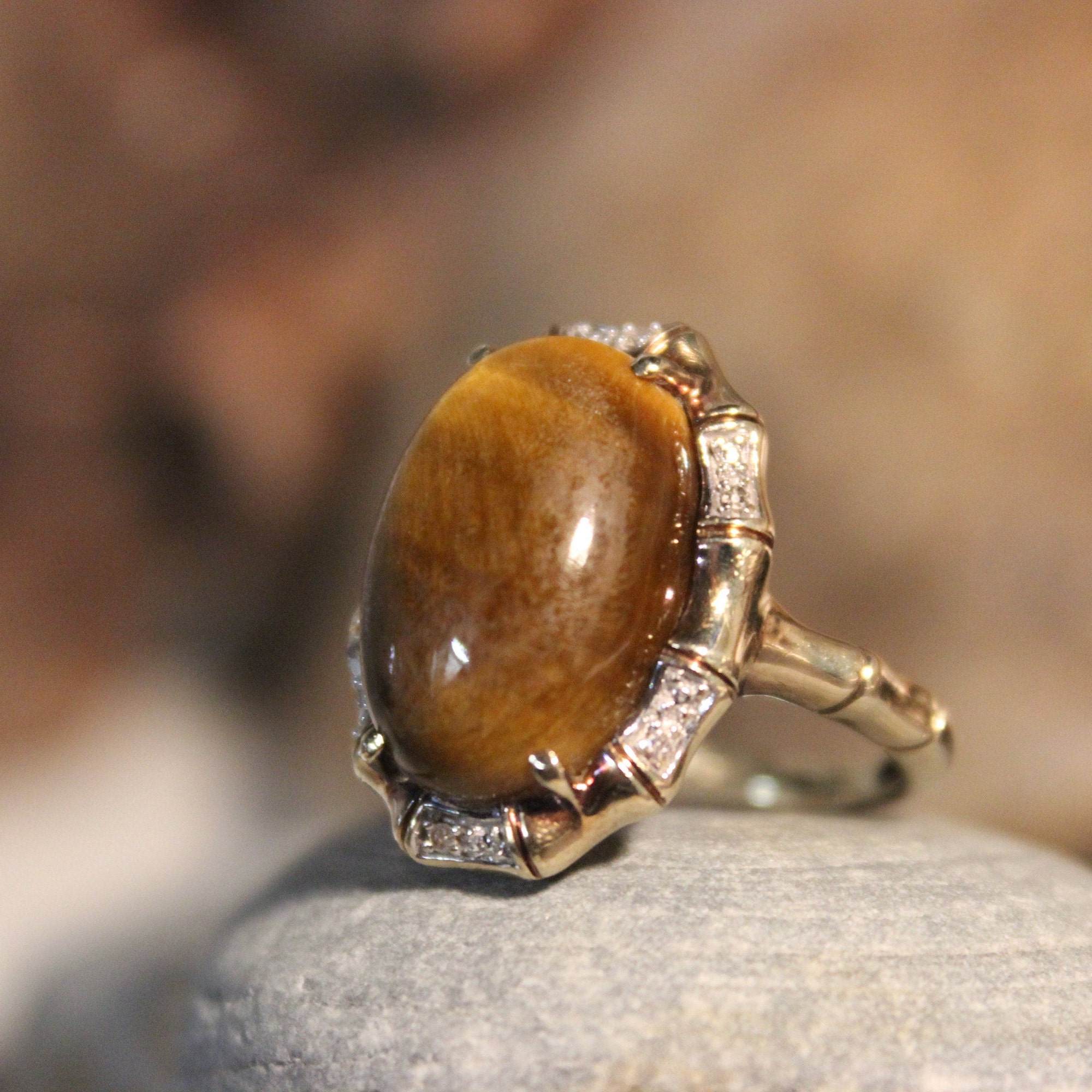 Vintage Large Tigers Eye & Diamond Ring Size 7.5 Weight 5.6 Grams 10K ...