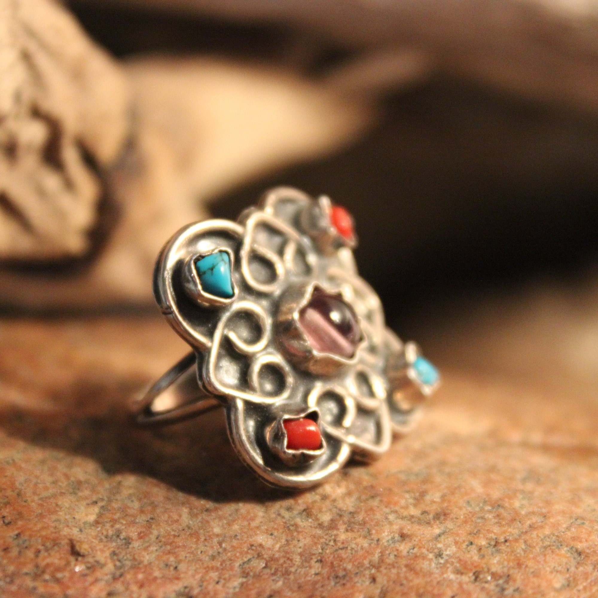 Sterling Mexico Large Multi Inlay Stone Mens Ring 6.5 Grams Size 5 ...