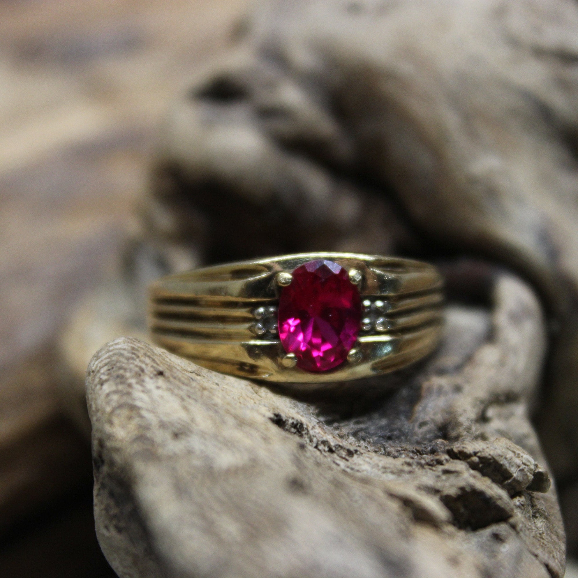 1990's Mens Ruby Diamond Ring Mens 10K Yellow Gold Diamond Ring 3.5 ...