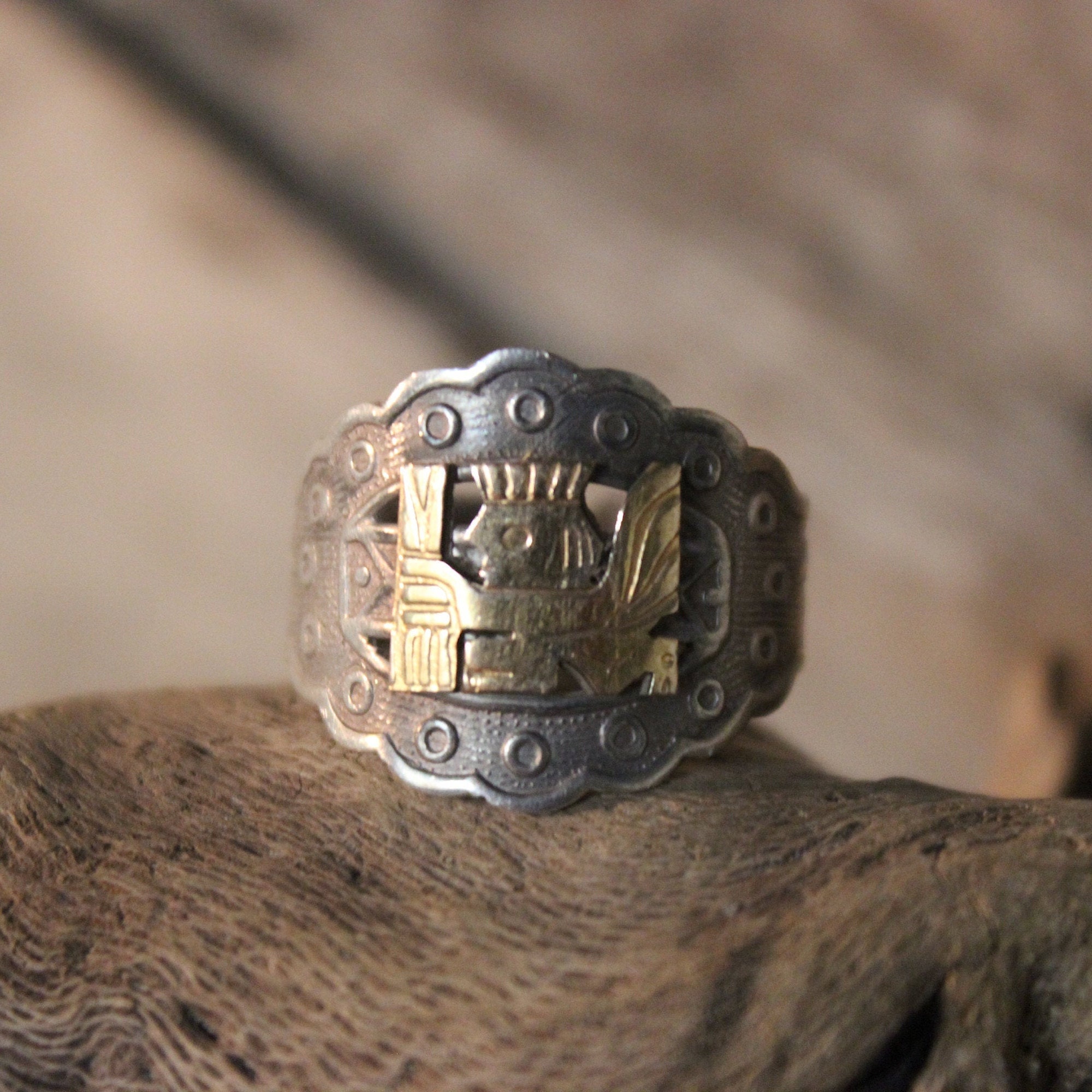 1960 Vintage Peruvian Inca Sterling Silver 18K Gold & Sterling Ring ...