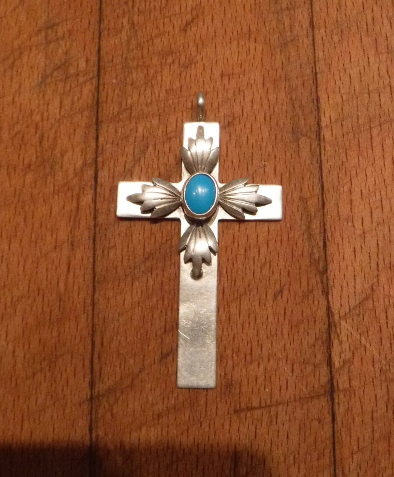 Vintage Navajo Silver Turquoise Cross Crucifix Pendant 5 grams Signed ...