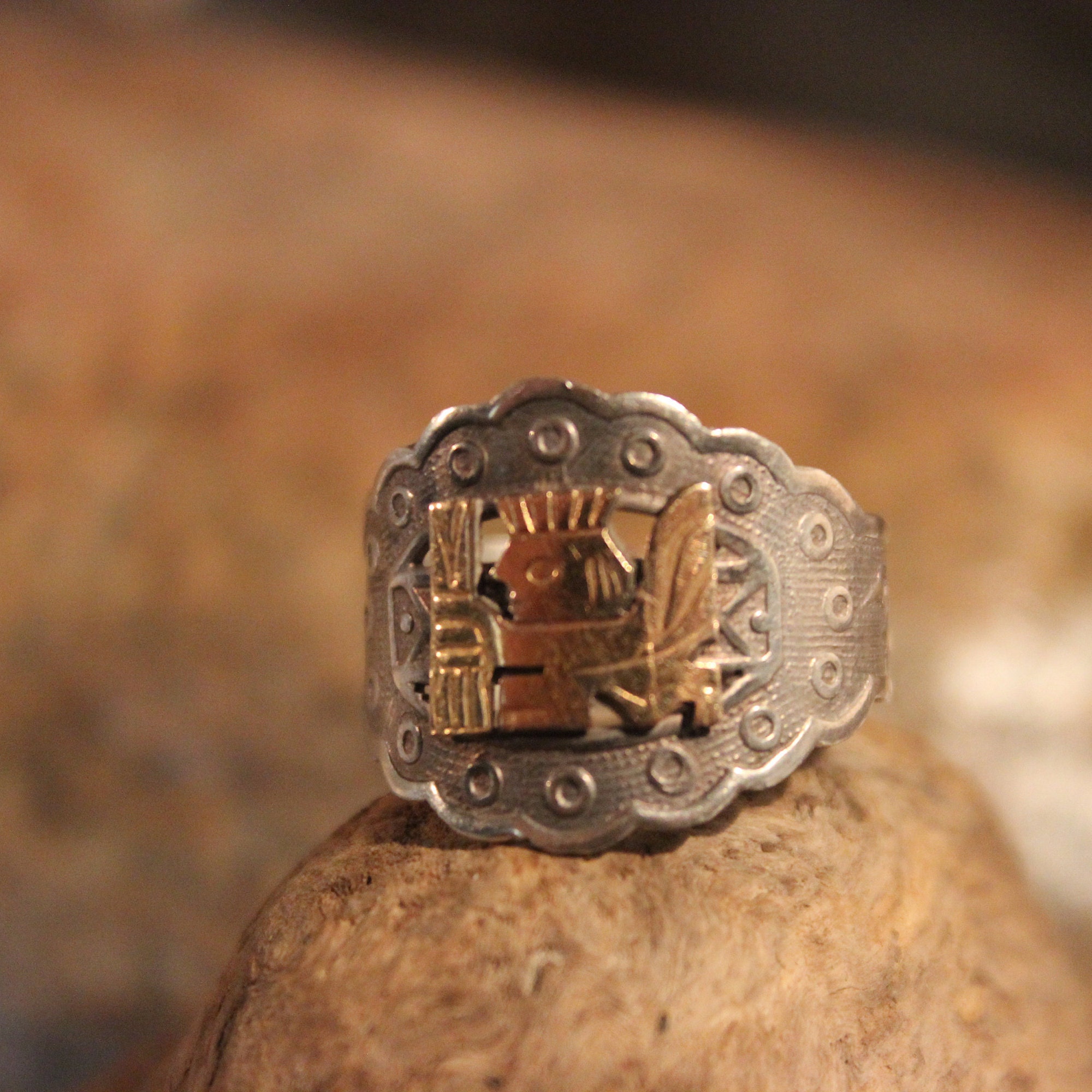 1960 Vintage Peruvian Inca Sterling Silver 18K Gold & Sterling Ring ...