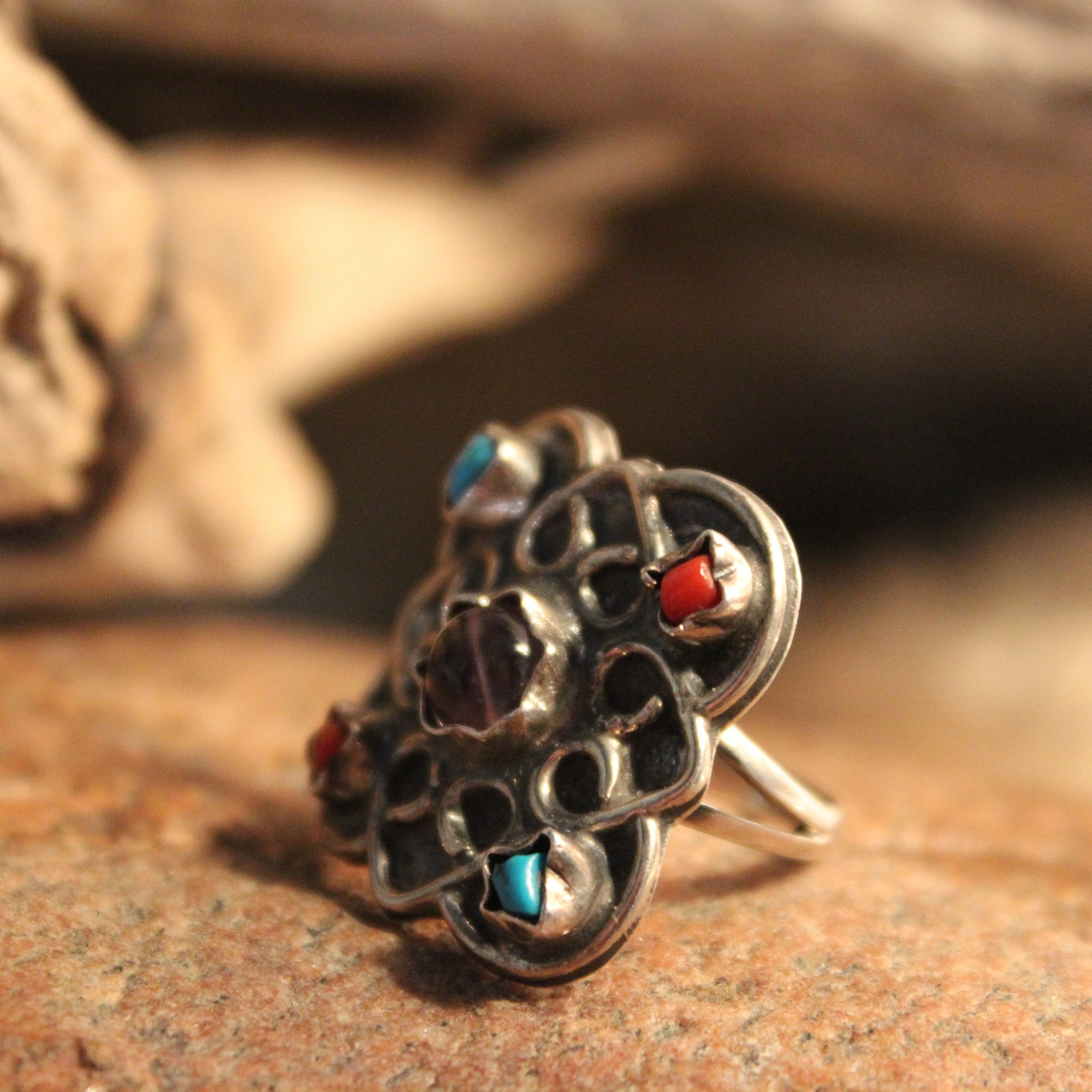 Sterling Mexico Large Multi Inlay Stone Mens Ring 6.5 Grams Size 5 ...