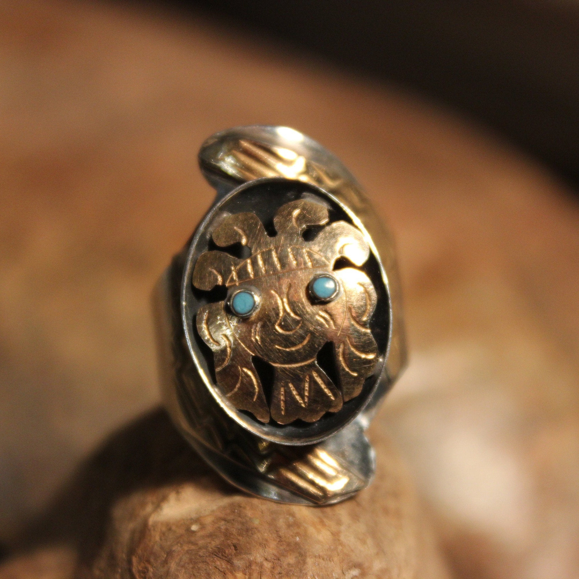 1960 Vintage Peruvian Inca Sterling Silver 18K Gold & Sterling Ring ...