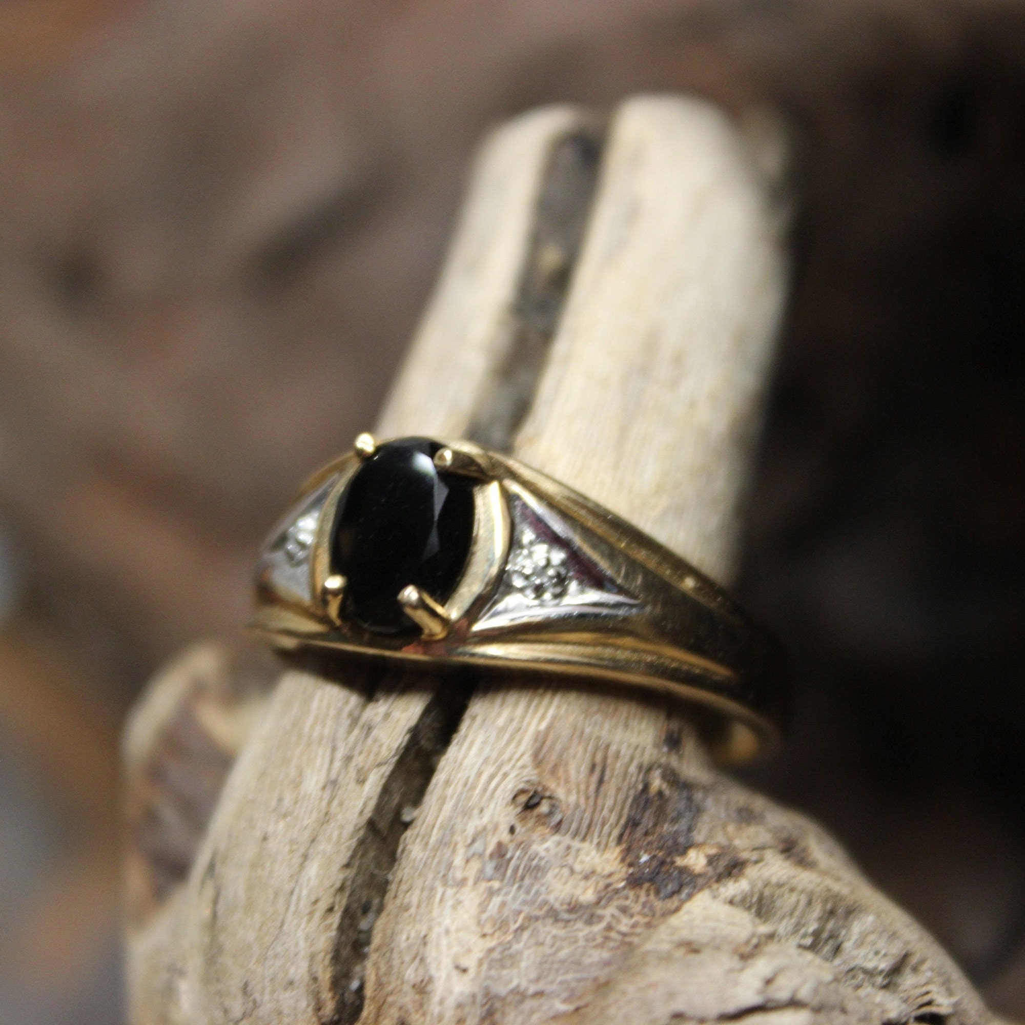 Vintage 1990's Mens Gold Black Onyx Ring Men Diamond Onyx Ring 10K ...