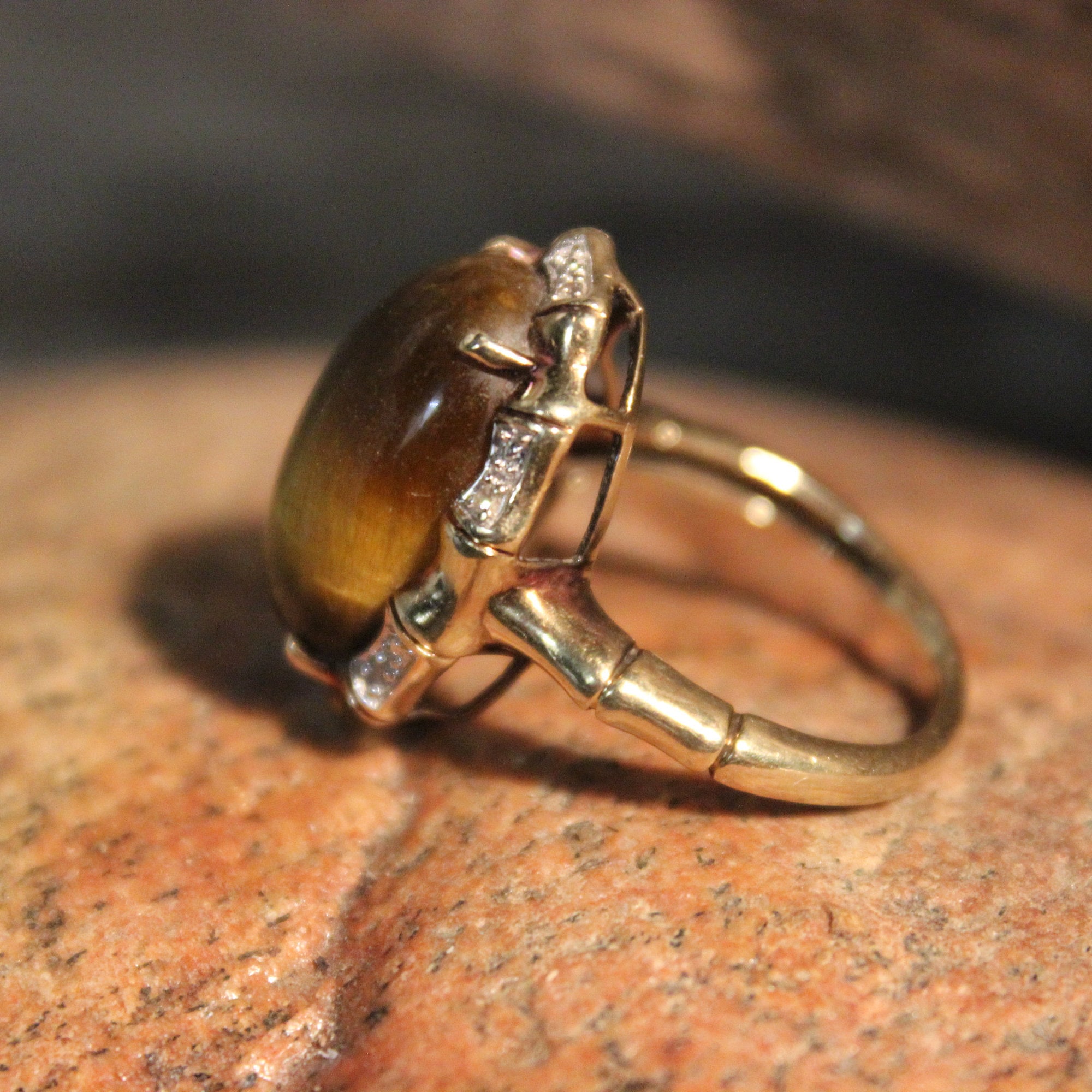 Vintage Large Tigers Eye & Diamond Ring Size 7.5 Weight 5.6 Grams 10K ...