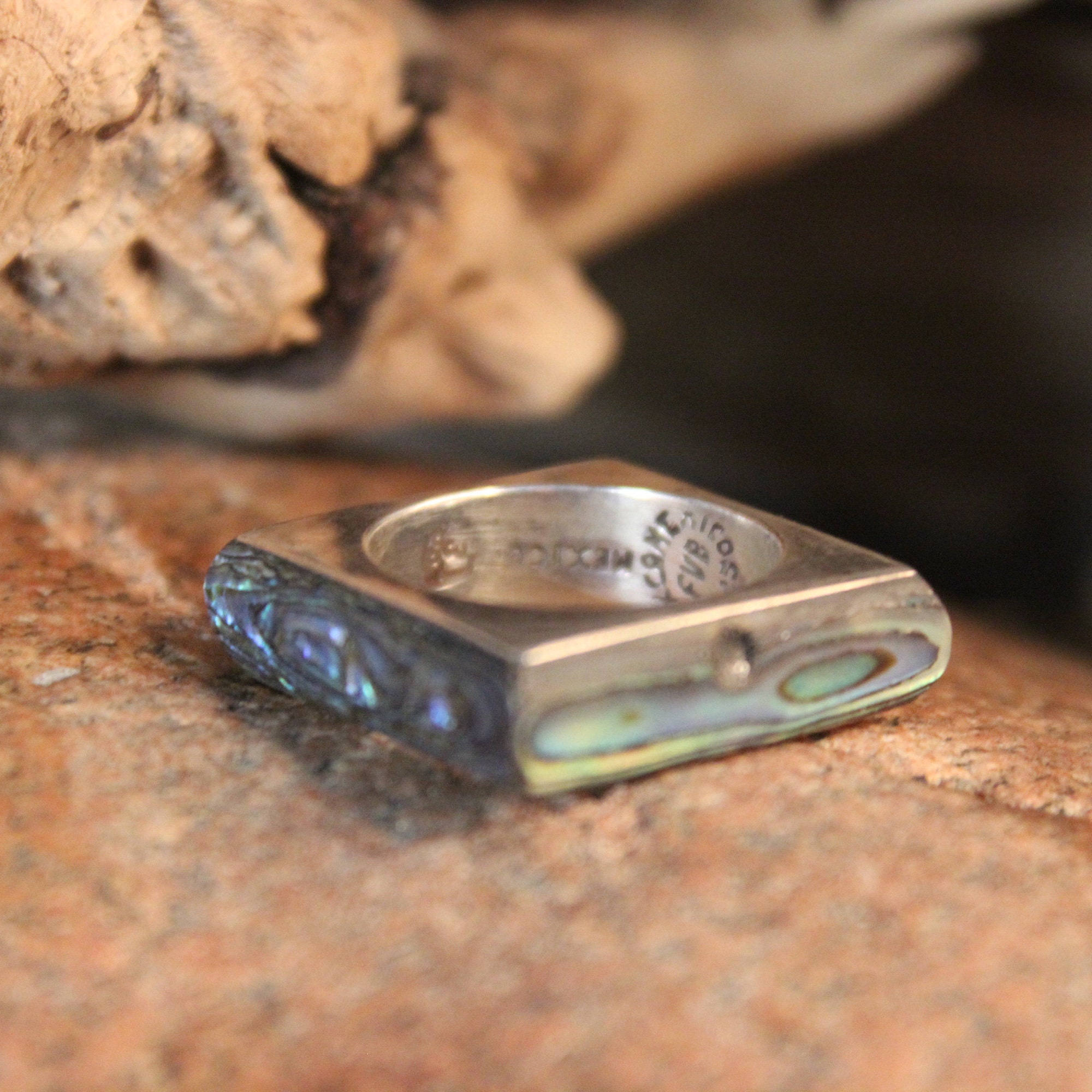 Square Sterling Mexico Eagle 3 Abalone Ring Native Heavy 5.4 Grams Size ...