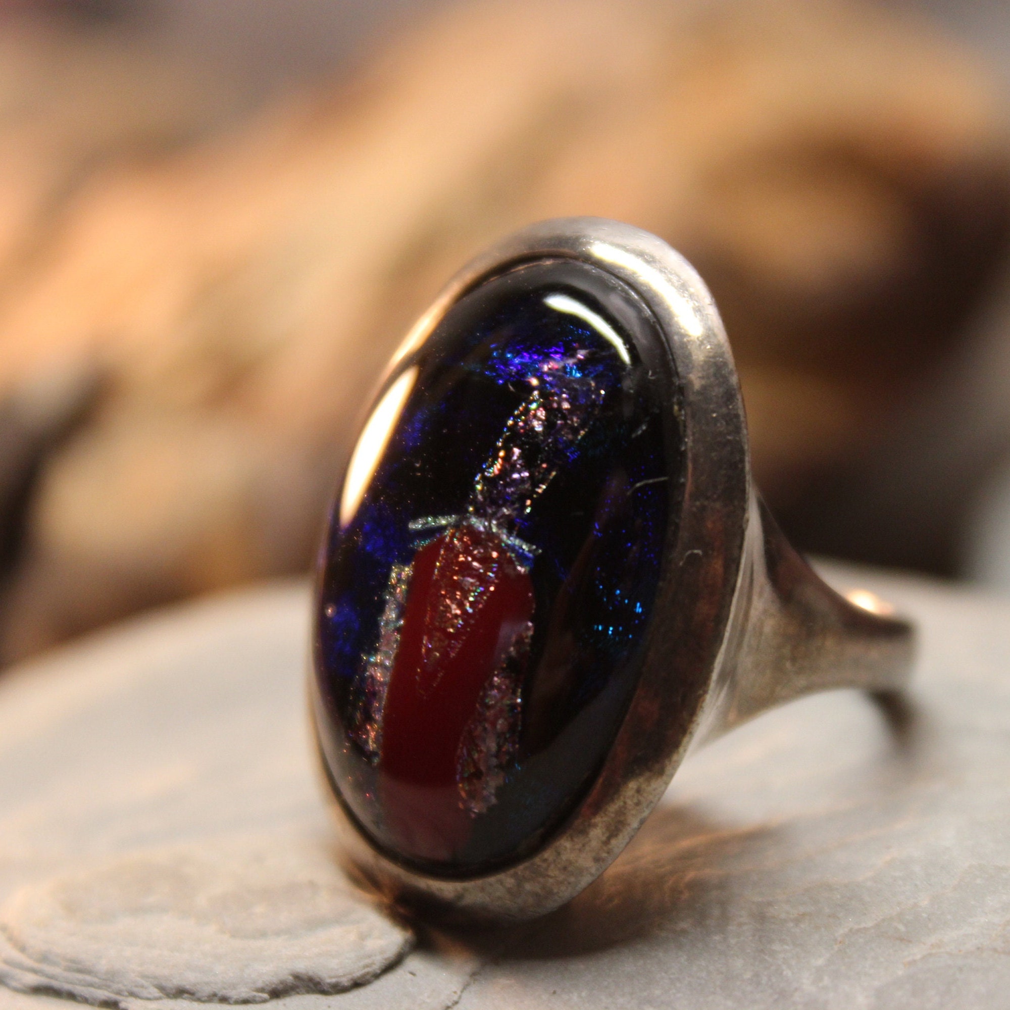 1970s Vintage Large Sterling Silver Ring Dichroic Glass Ring Size 6.5 ...