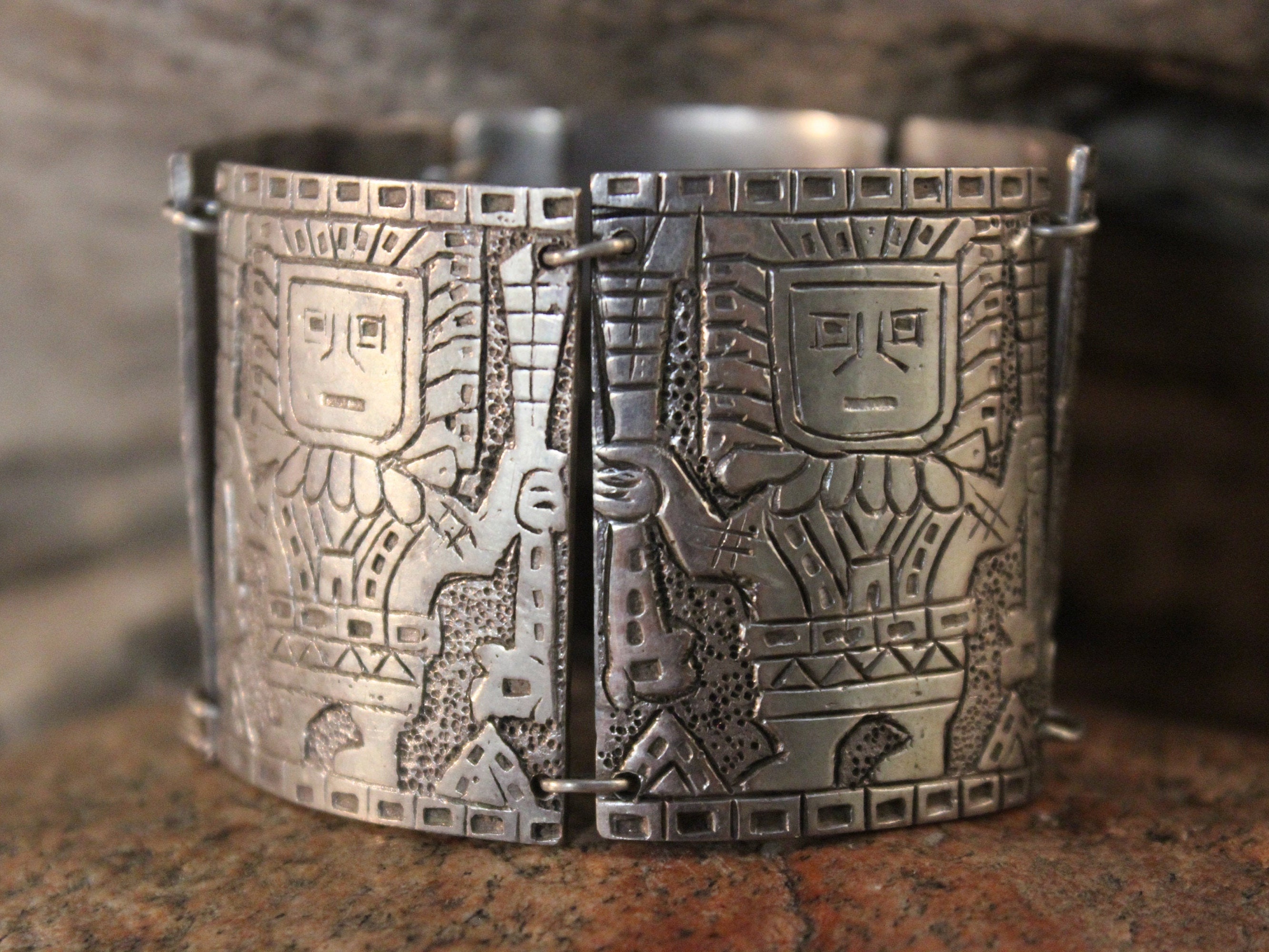 Vintage Heavy Peruvian Inca Sterling Silver Panel Bracelet Heavy 87.4 ...