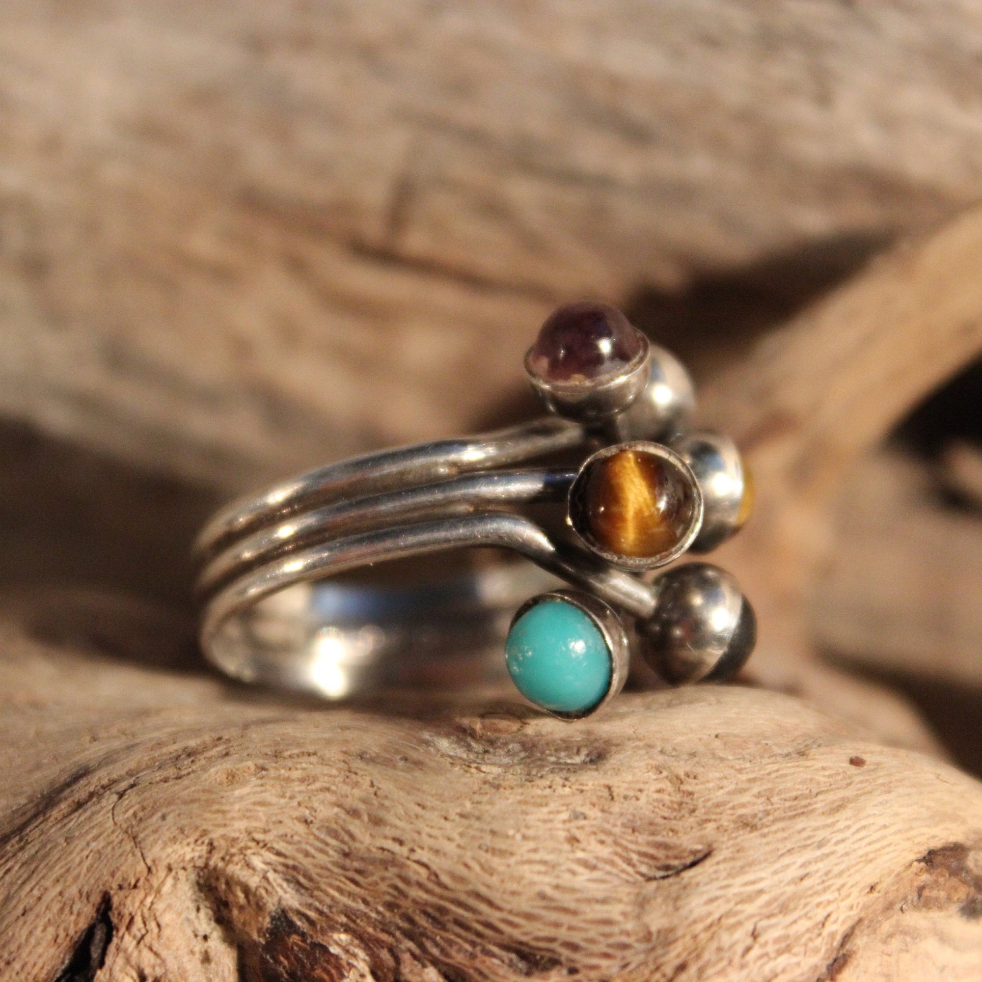 Sterling Mexico Large Multi Inlay Stone Silver Ring 4.3 Grams Size 8.5 ...