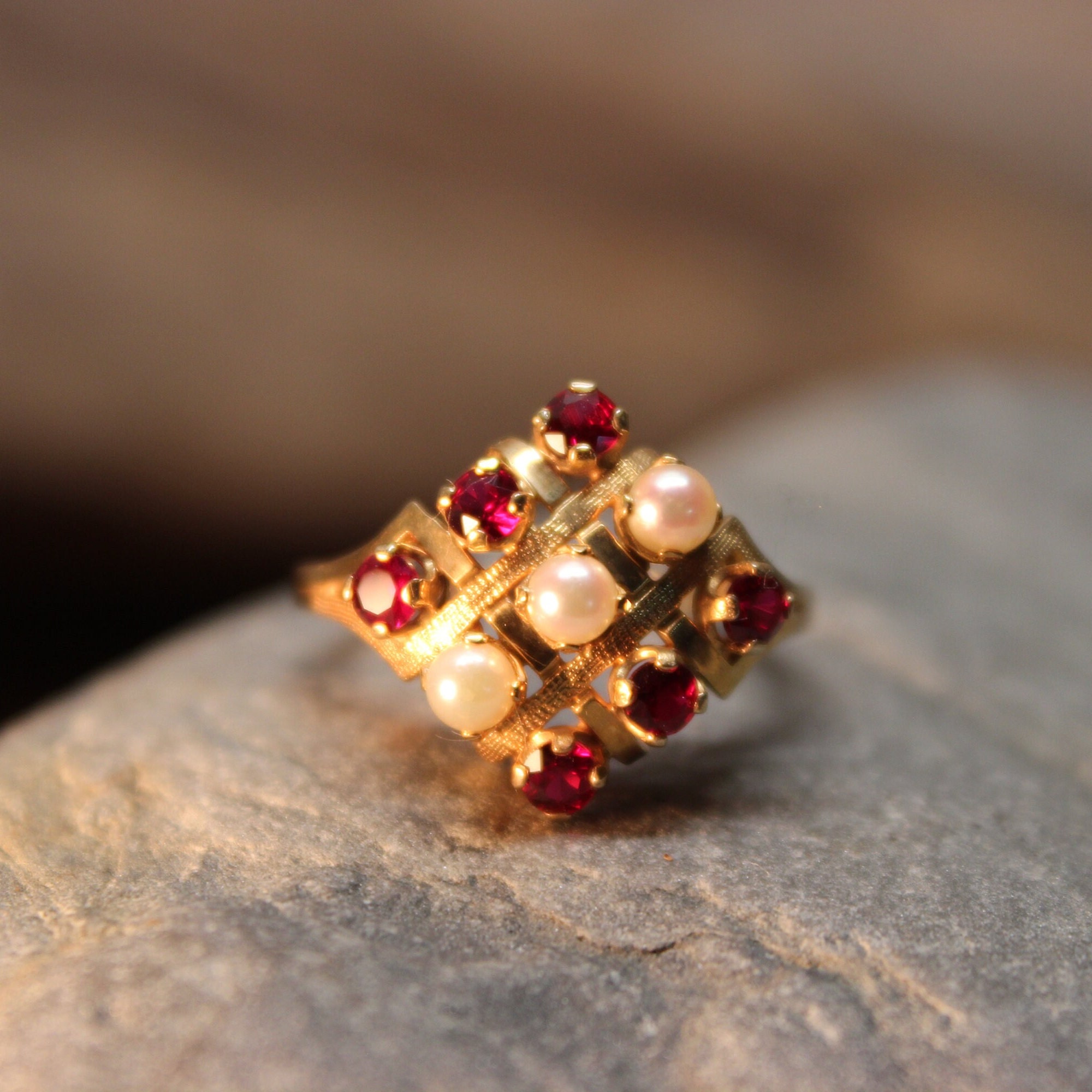 1960's Vintage Ruby Pearl Ring Solid 10K Gold Large Ruby Ring 3.4 Grams ...