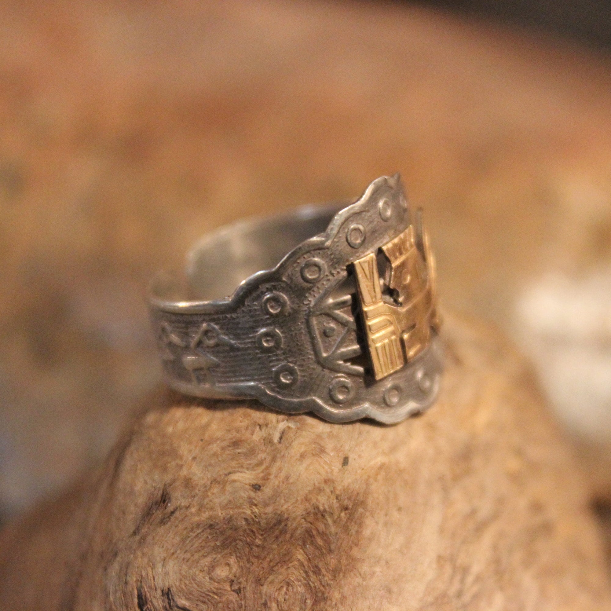 1960 Vintage Peruvian Inca Sterling Silver 18K Gold & Sterling Ring ...