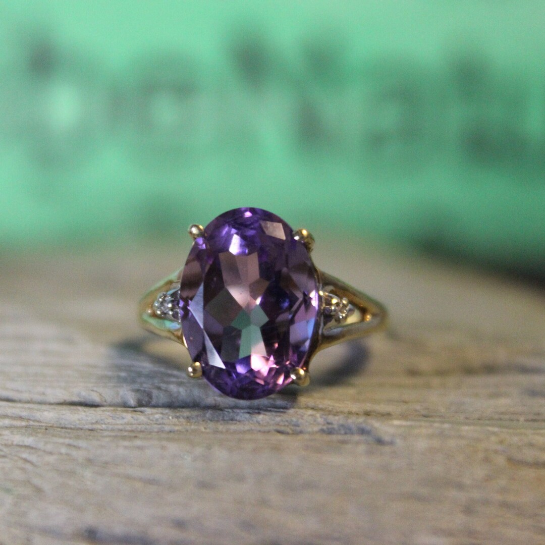 1980's Vintage 10k Solid Gold Diamond & Amethyst Ring 4 Grams Size 6 Solid 10K Yellow Gold ...