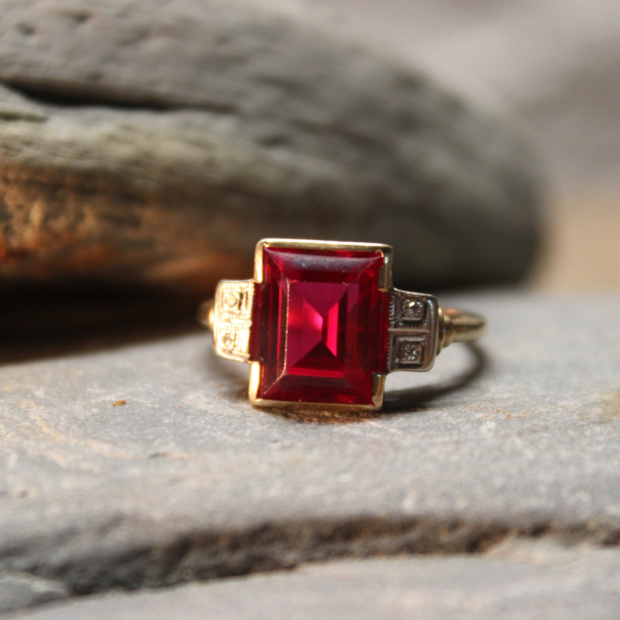 1930s Vintage Solid Gold Ruby Diamond Ring 10K Gold Ruby Deco Ring 3.1 ...