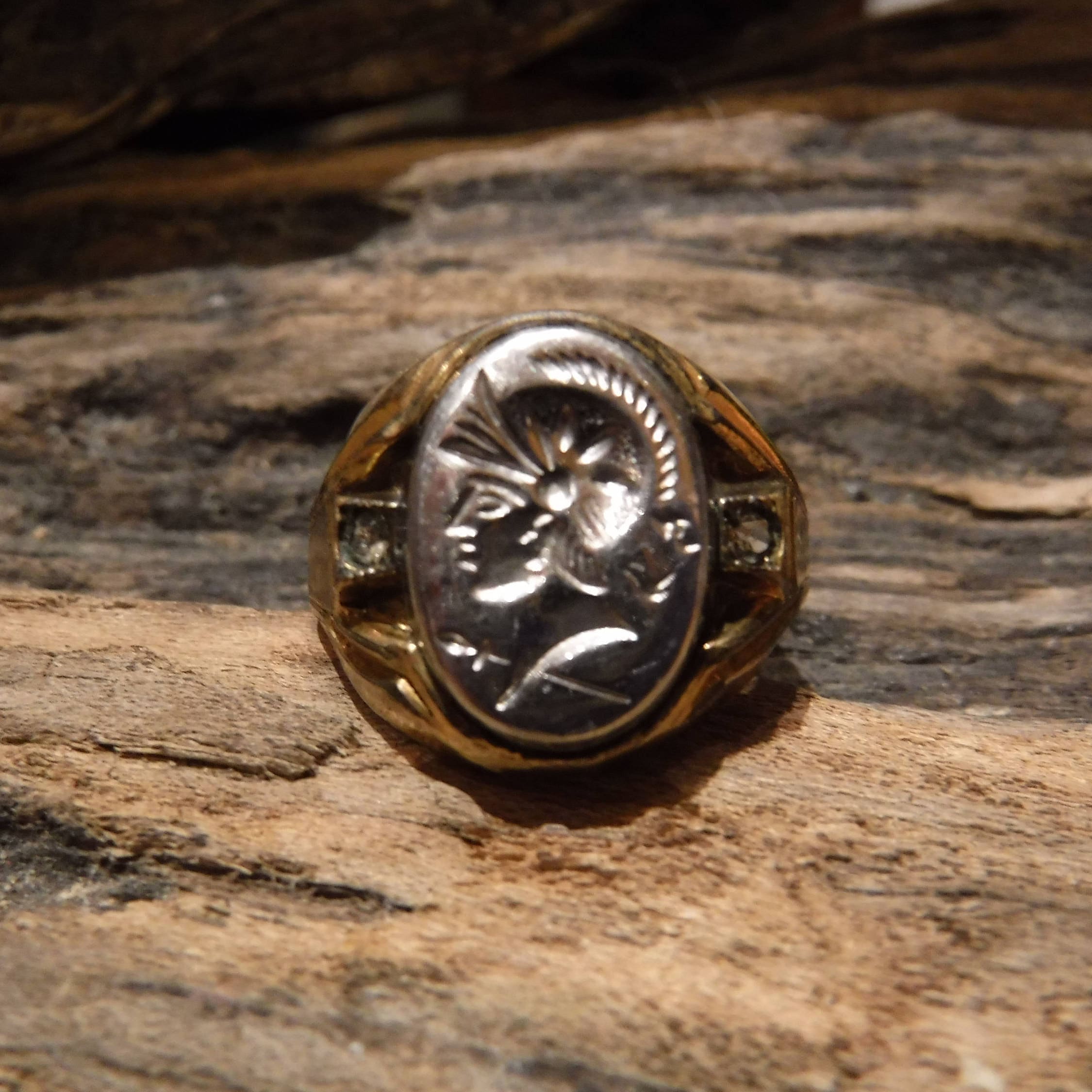 Mens Gold Ring Roman Soldier Ring Vintage Gold Ring Makers Mark Cameo ...