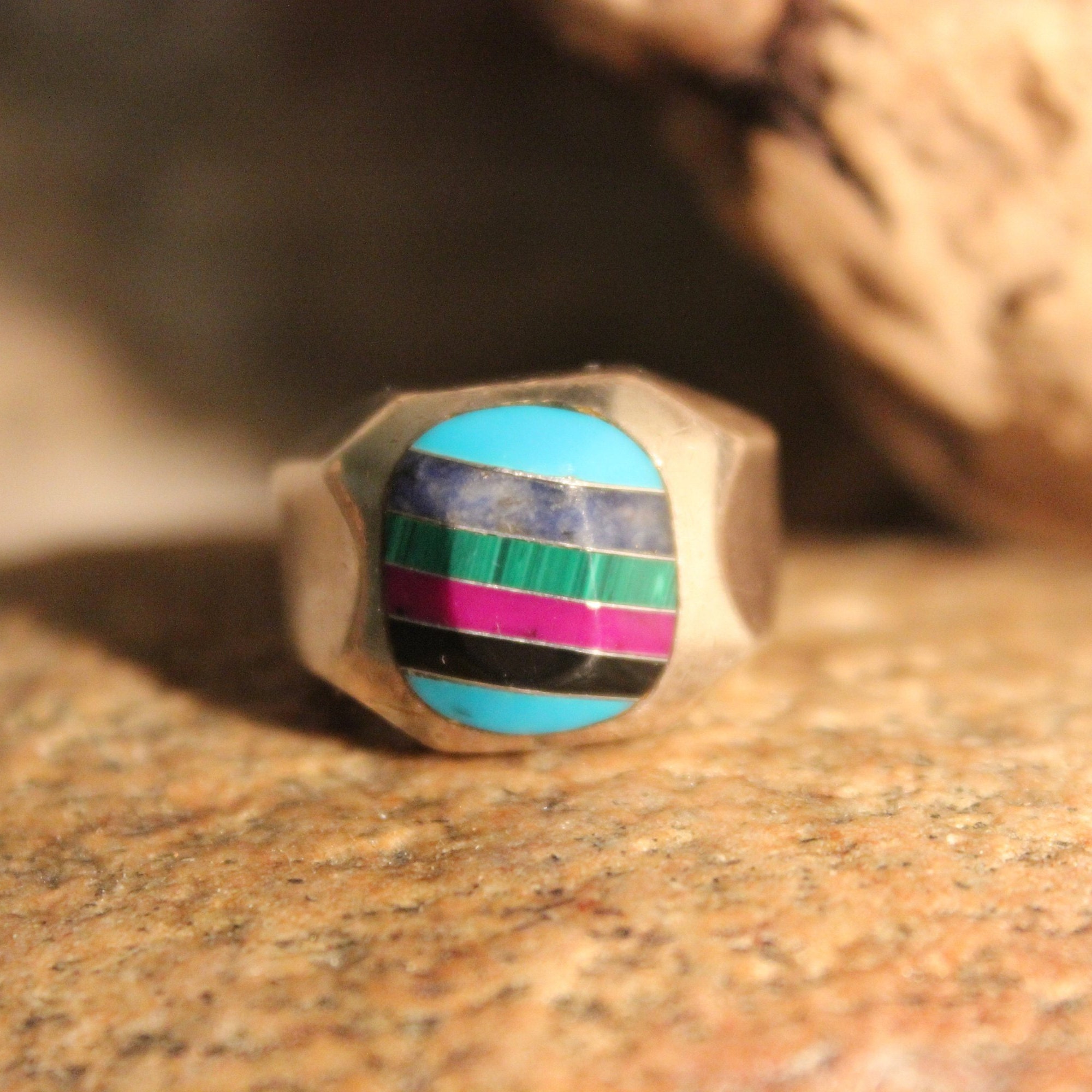 Sterling Mexico Large Multi Inlay Stone Mens Ring Heavy 17.6 Grams Size ...