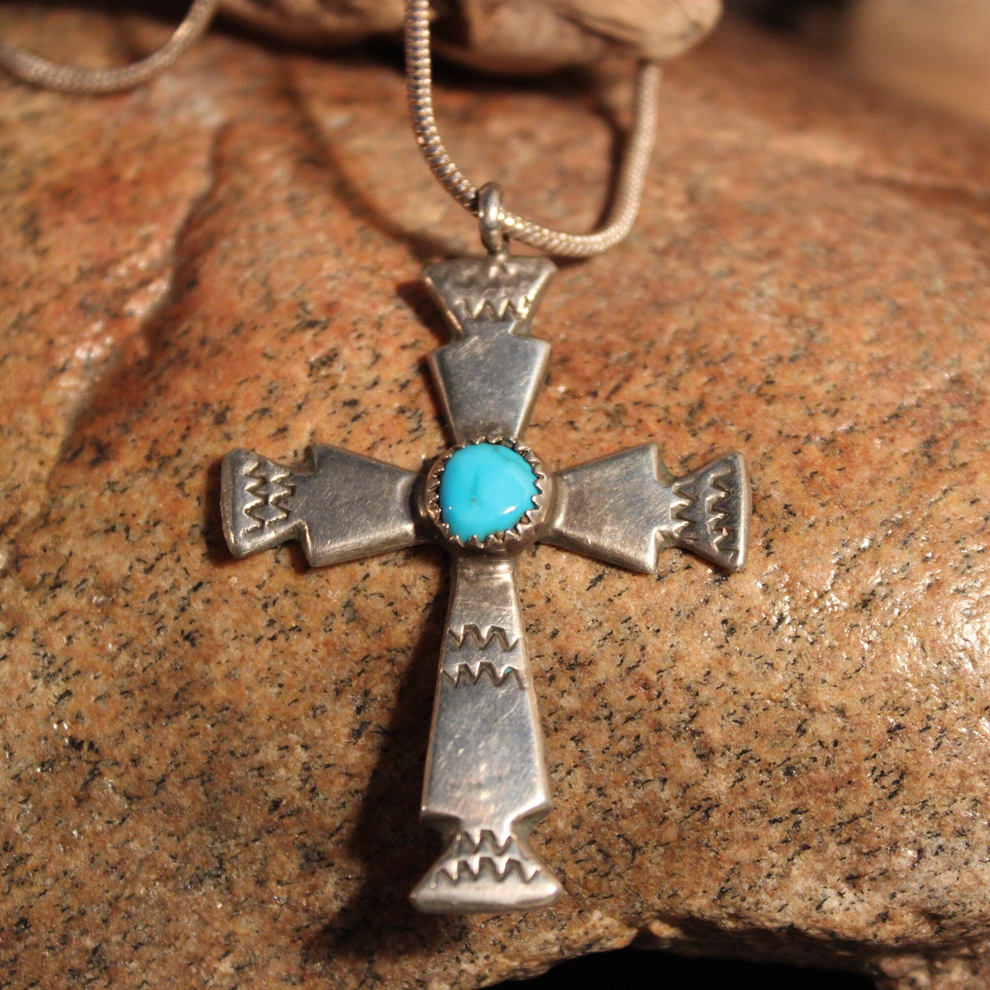 Vintage Navajo Silver Cross Pendant Necklace 16.6 grams 21 Snake Chain ...