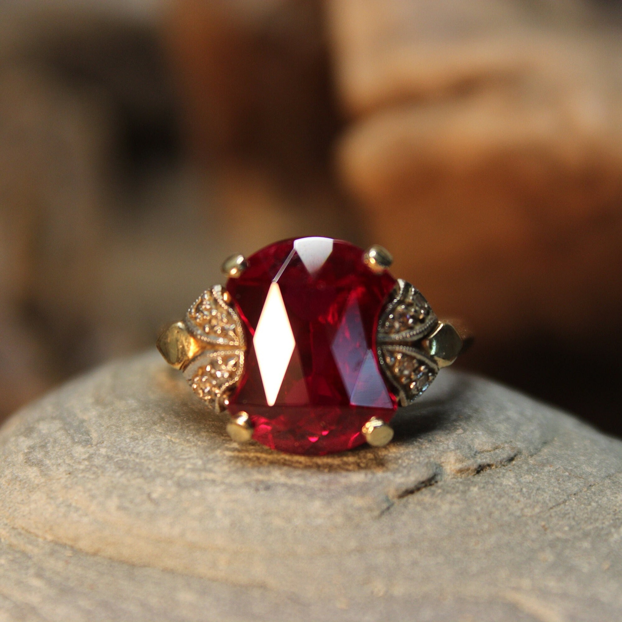 1920's Vintage Solid Gold Ruby Diamond Ring 10K Gold Ruby Deco Ring 4.9 ...
