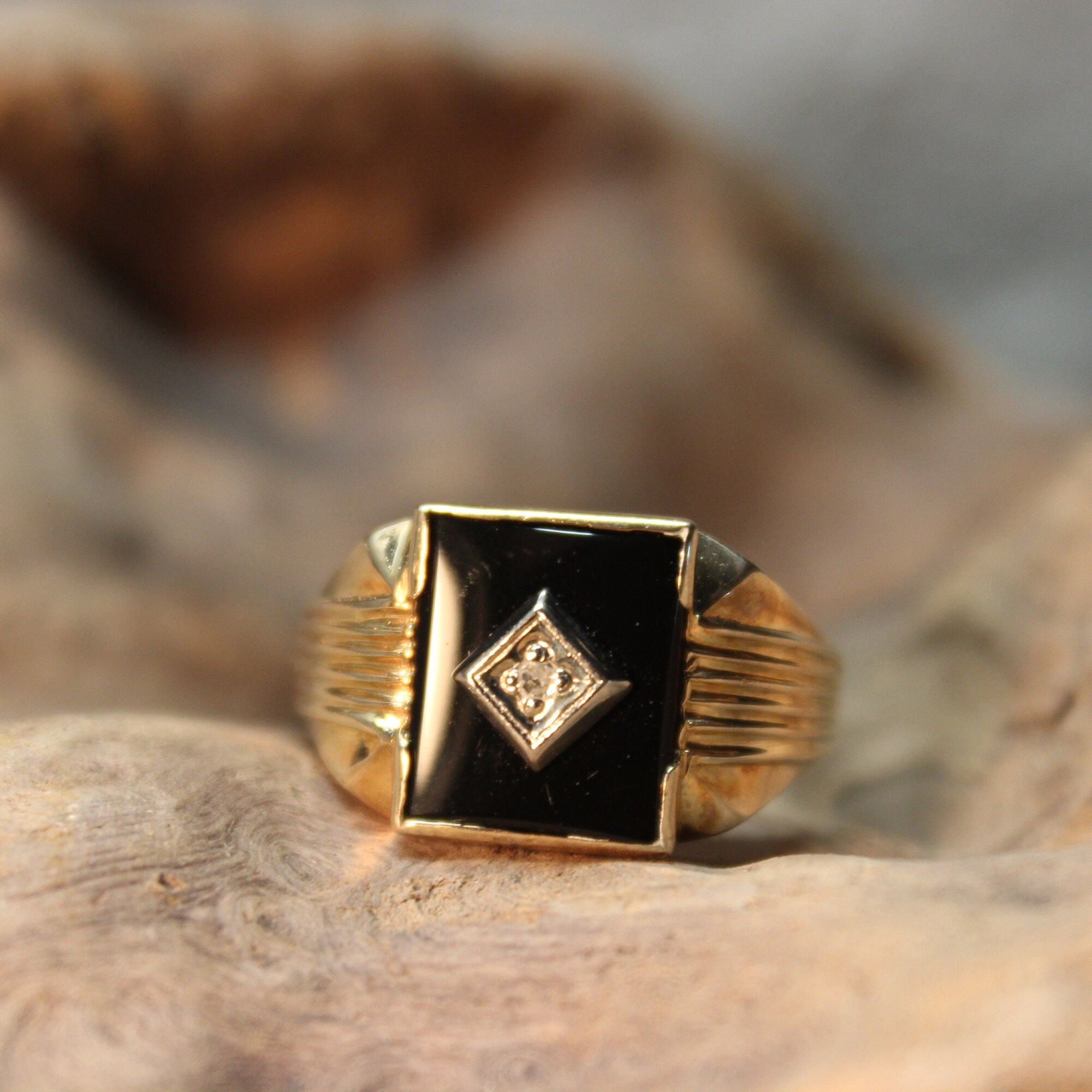 1960's Vintage Mans Large Diamond Onyx Ring 10K Solid Yellow Gold Mans ...