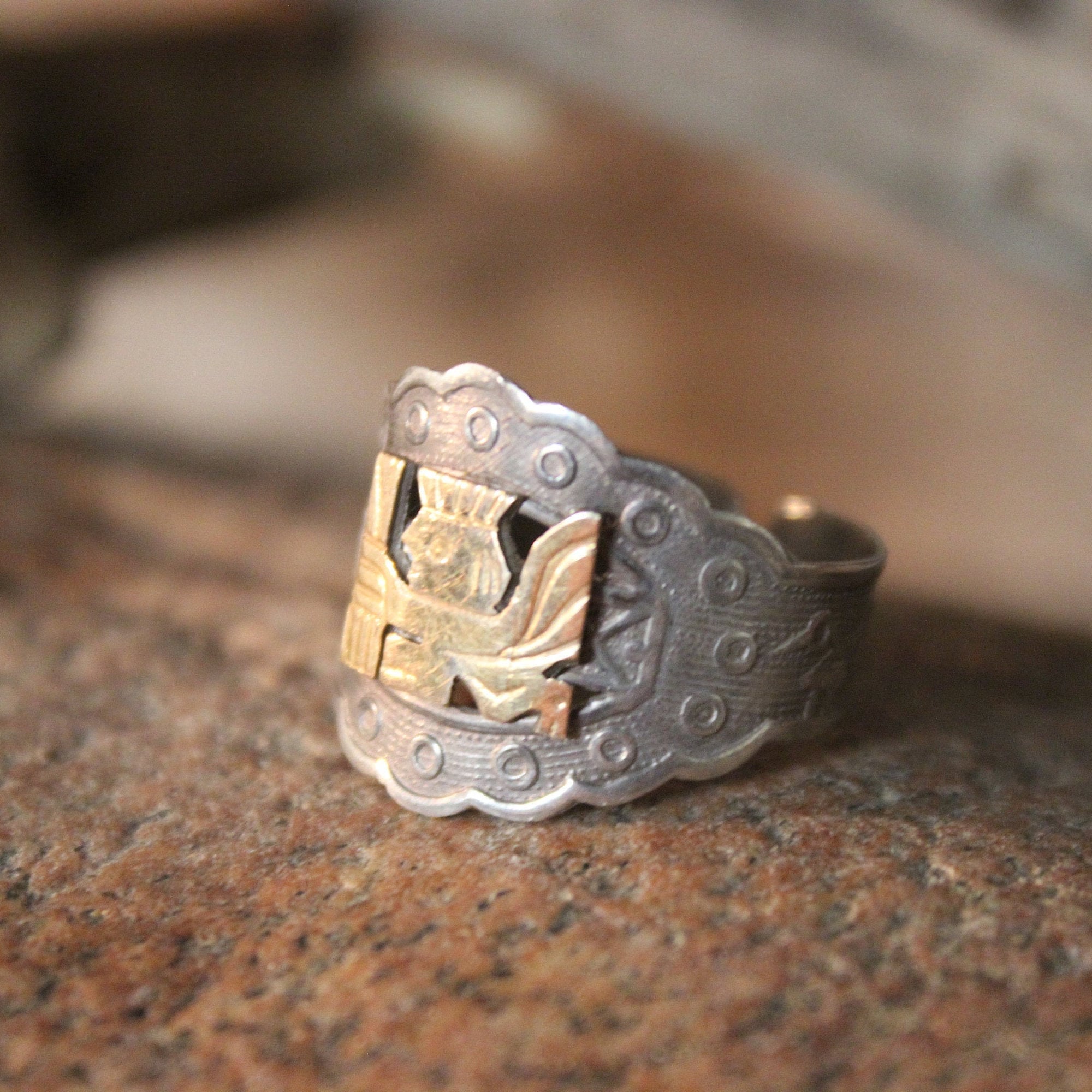 1960 Vintage Peruvian Inca Sterling Silver 18K Gold & Sterling Ring ...
