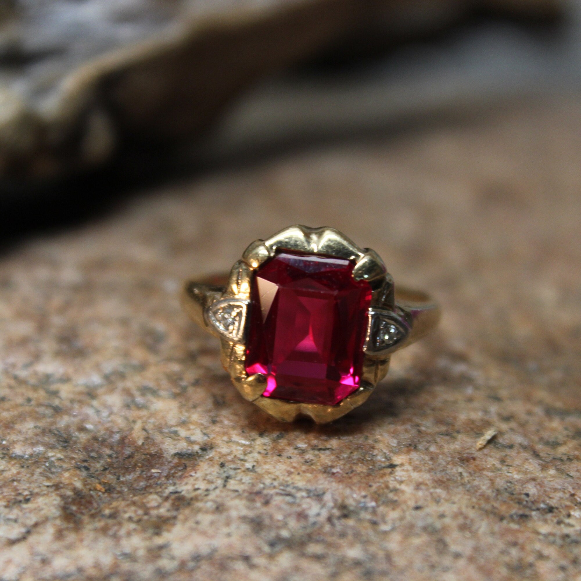 1920's Vintage Solid Gold Ruby Diamond Ring 10K Gold Ruby Deco Ring 3.2 ...