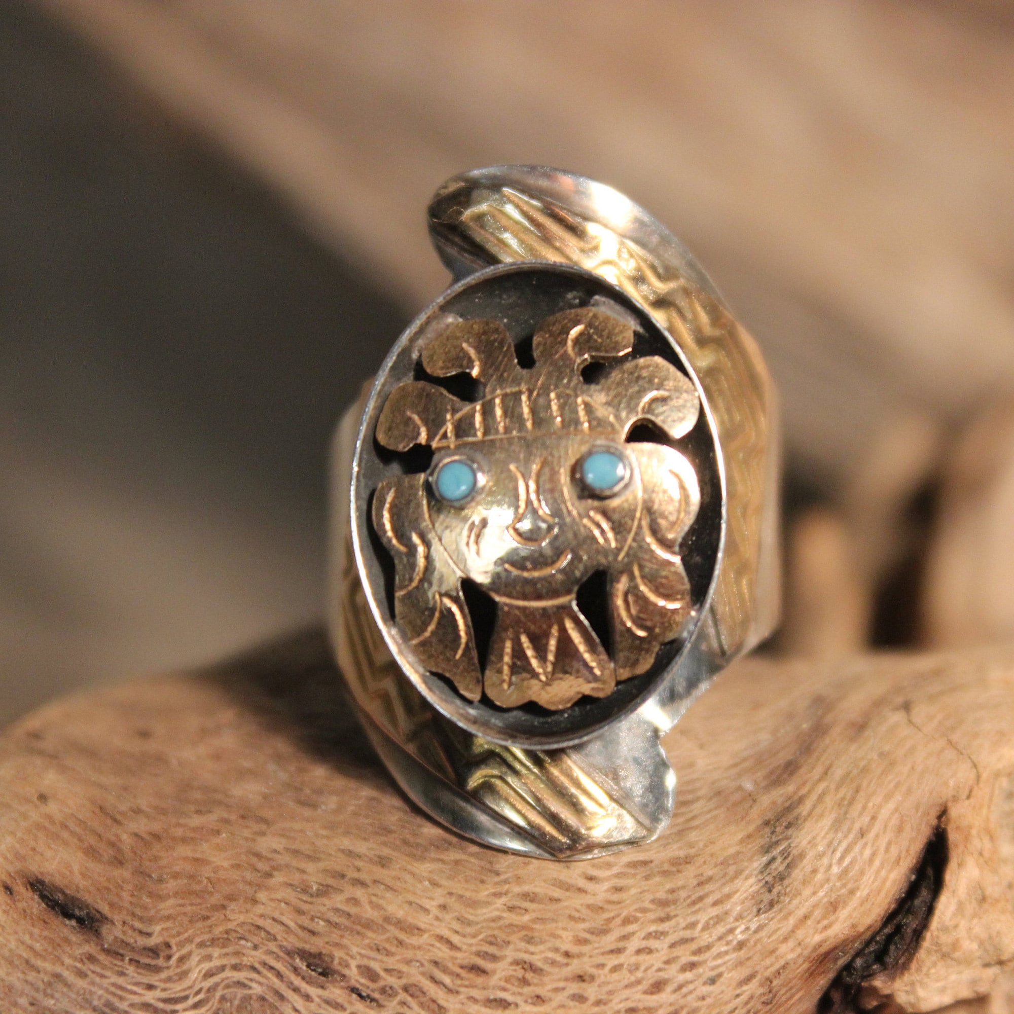 1960 Vintage Peruvian Inca Sterling Silver 18K Gold & Sterling Ring ...