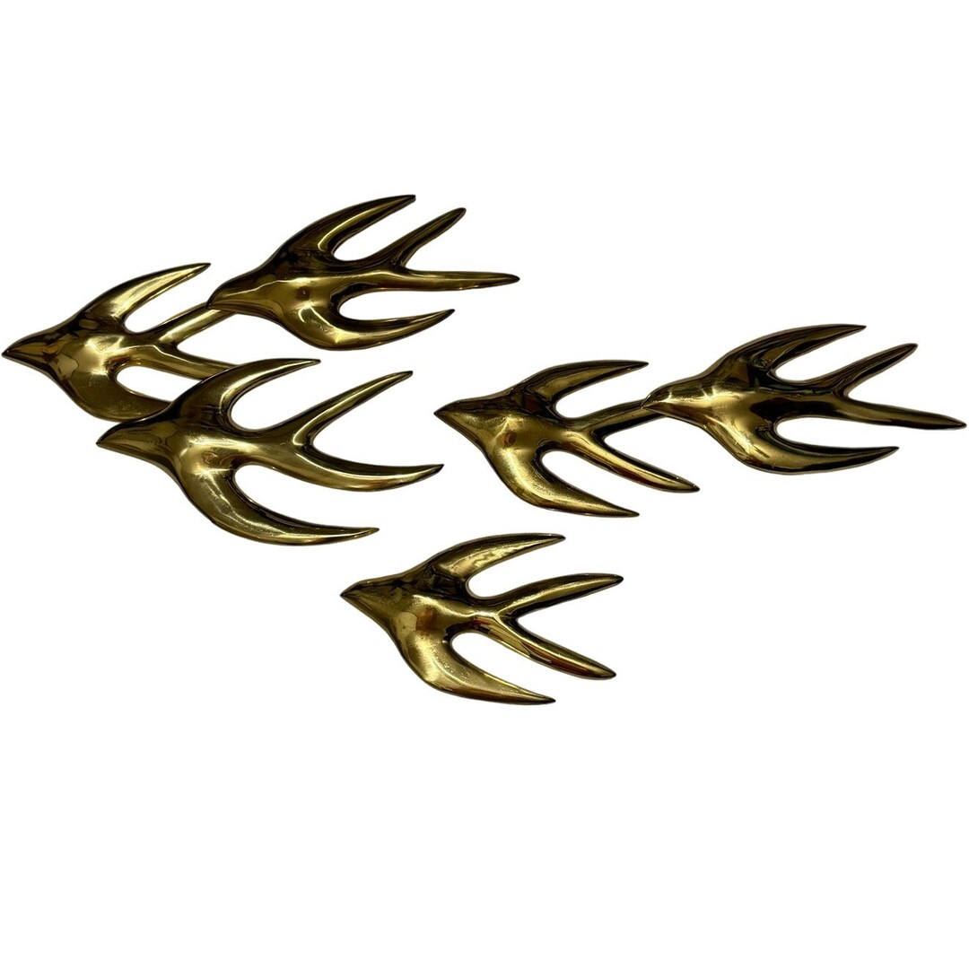 Shiny Gold Brass Flying Birds Swimming Fish Wall Art Set 3 Mid Century ...