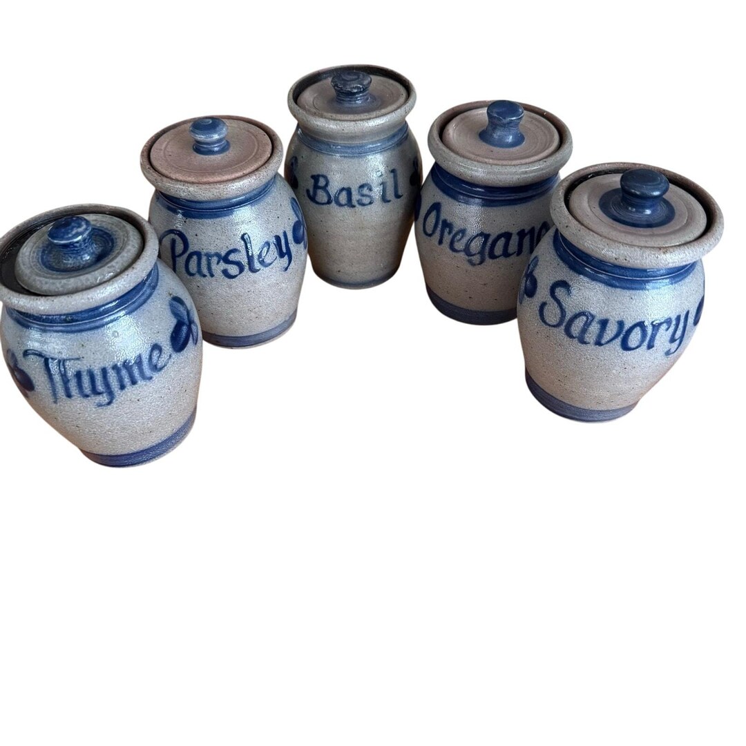 Vintage 1993 Rowe Pottery Works Spice Jars Lids Set 5 Cottage Core Blue ...