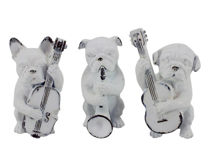 Set of 3 Musical Dogs 10cm Dog Band Instrument Ornament Figurine White ...