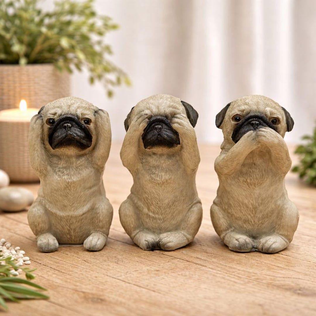 Set of 3 Pug Dogs - Beige 10cm Dog Hear See Speak No Evil Ornaments - Etsy