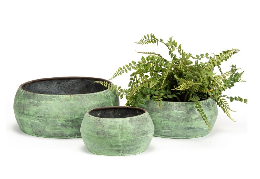 Set of 3 Green Zinc Metal Planter Bowls: Rustic Home Decor - Etsy