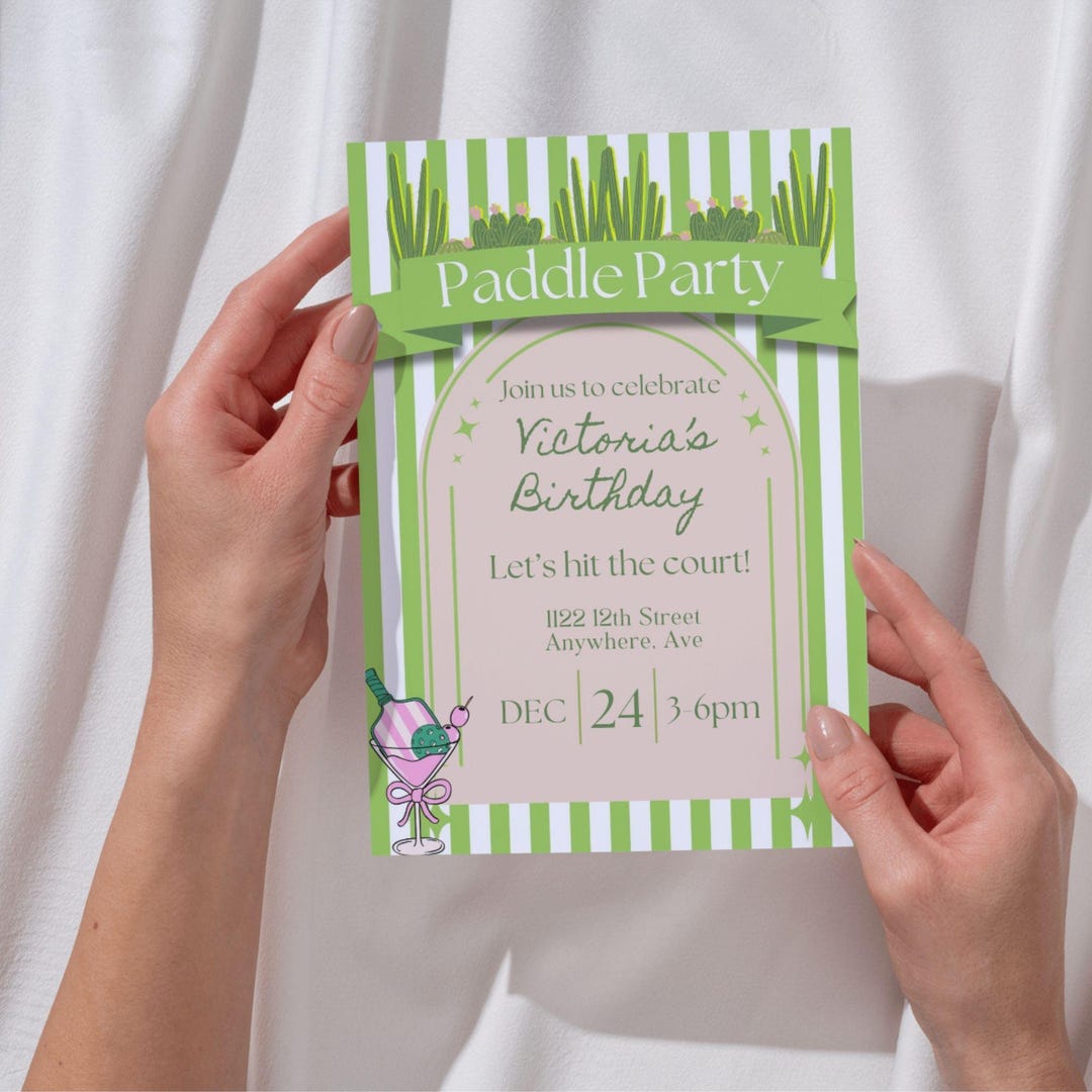 Pickleball Birthday Invitation - Green Stripes & Cactus Theme for Girls ...