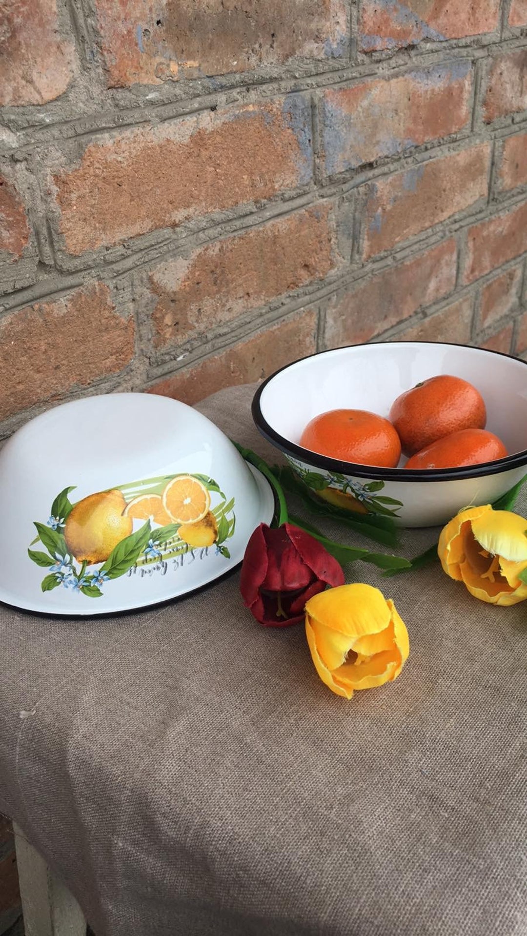 Set of 2 Metal Cute Small Enamel Bowls Lemon Fruit Print White Vintage ...