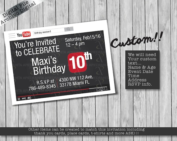 Youtuber Party Invitation / Invitacion De Cumple Años Youtuber | Etsy ...