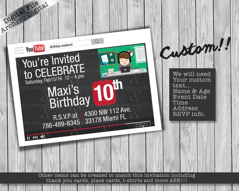 Youtuber Girl Invitation/ Youtuber Invitación Niña - Etsy