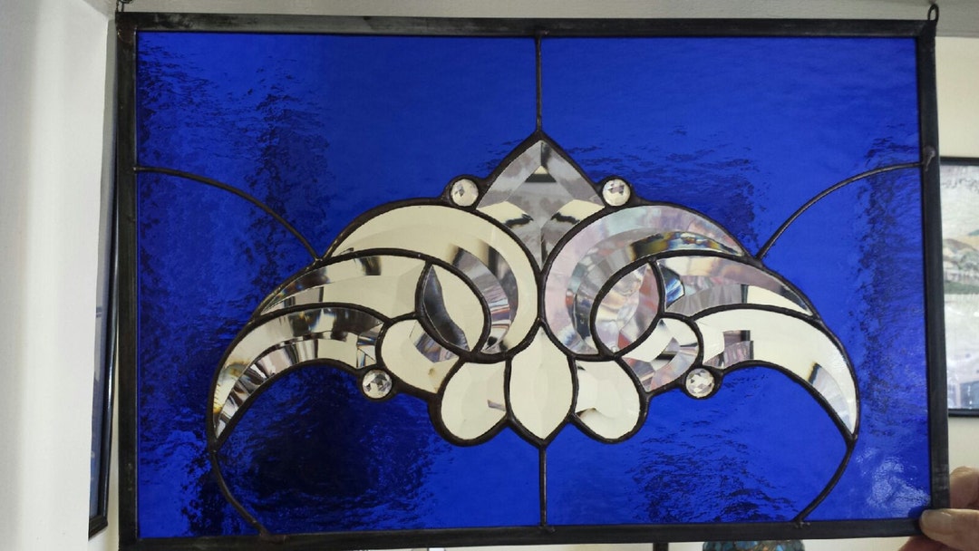 Stunning Cobalt Stained Glass Panel, Jewels and Beveled Cluster, Metal ...
