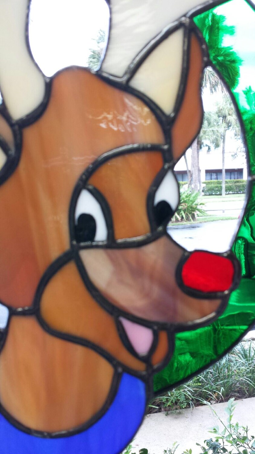 Awesome Rudolph Real Stained Glass Suncatcher, Very Merry Holiday ...