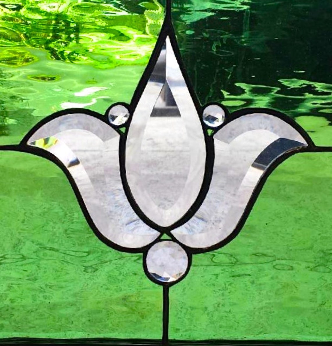 Stunning Emerald Stained Glass Panel, Jewels and Beveled Cluster, Metal ...