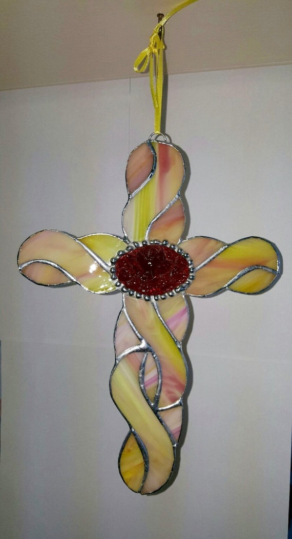 Stained Glass Cross 8 L X 7 W Unique Center Rose Jewel | Etsy